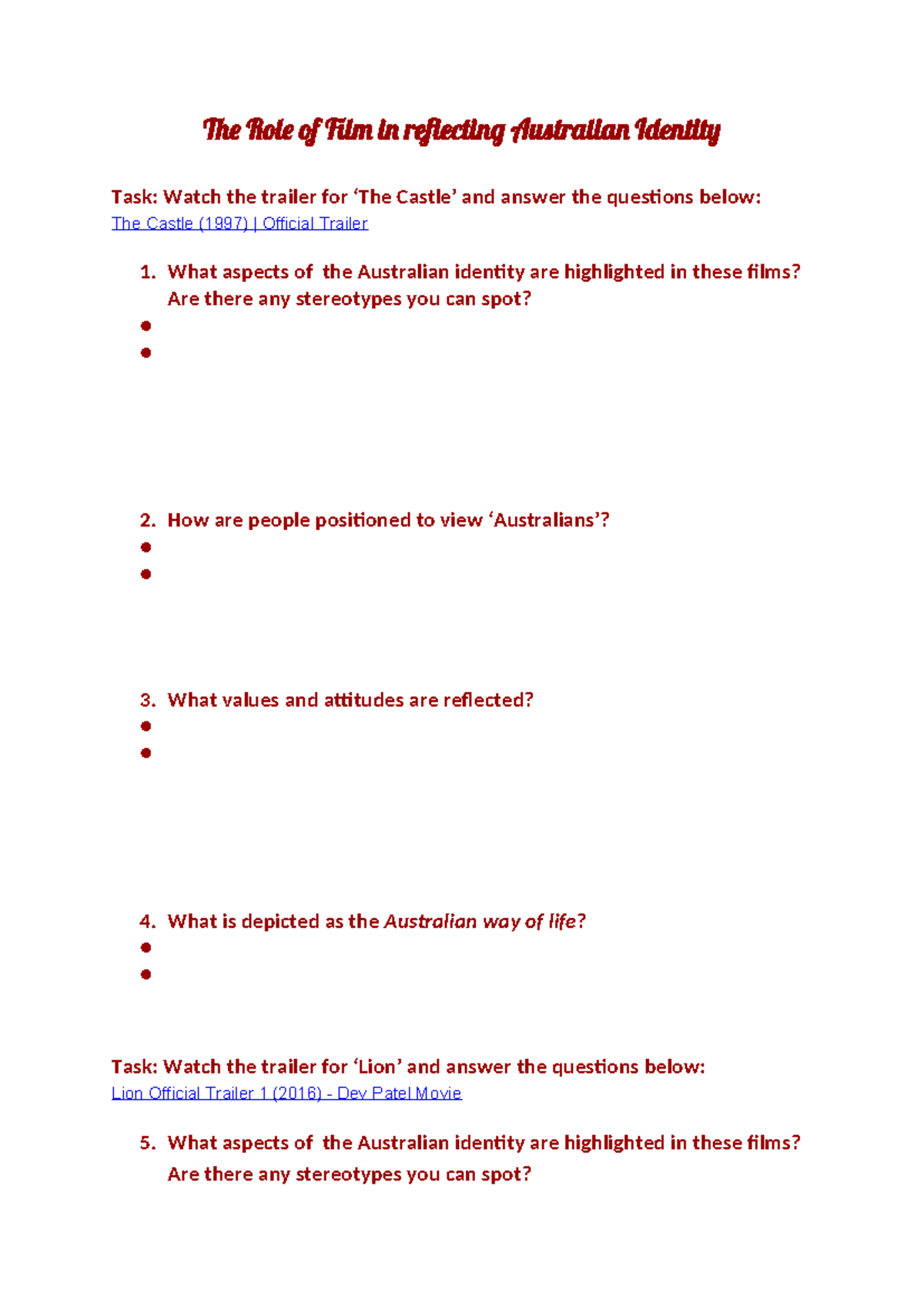 The Role of Film in reflecting Australian Identity - What aspects of ...