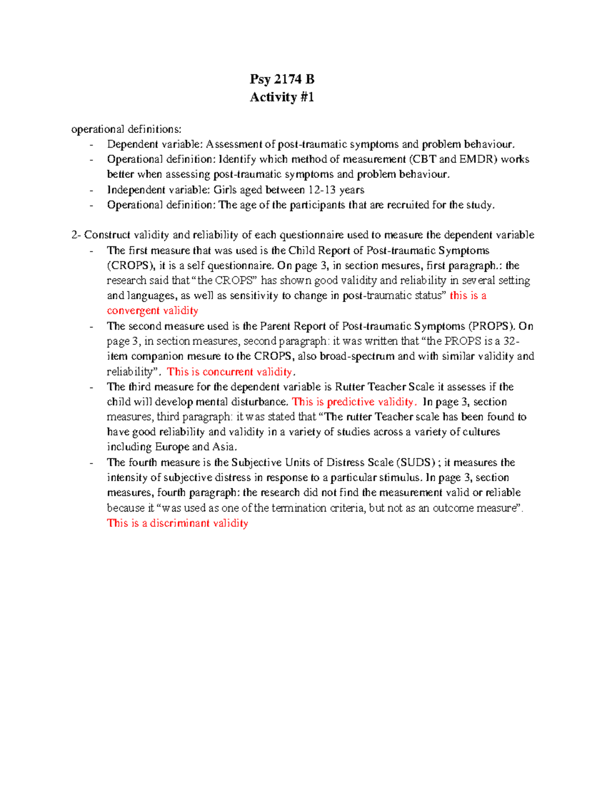 Activity 1 2174 - Psy 2174 B Activity operational definitions: - Dependent variable: Assessment ...