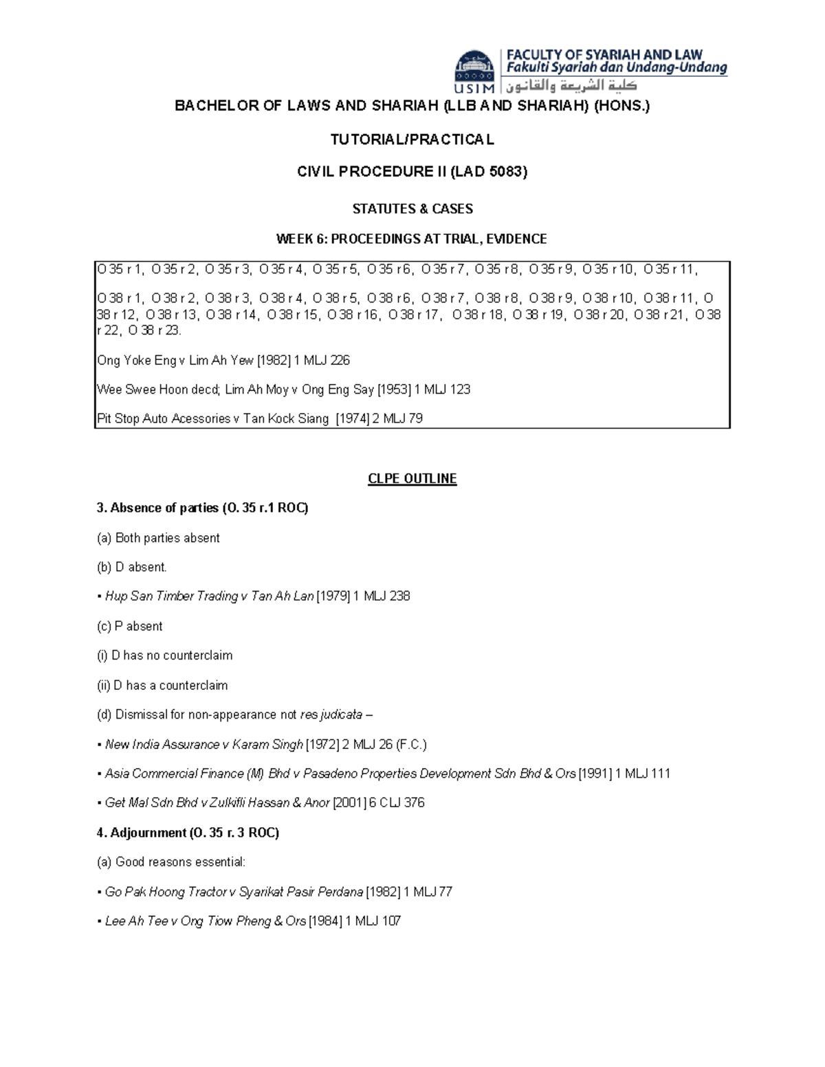 LIST OF Cases Proceedings AT Trial, Evidence - BACHELOR OF LAWS AND ...