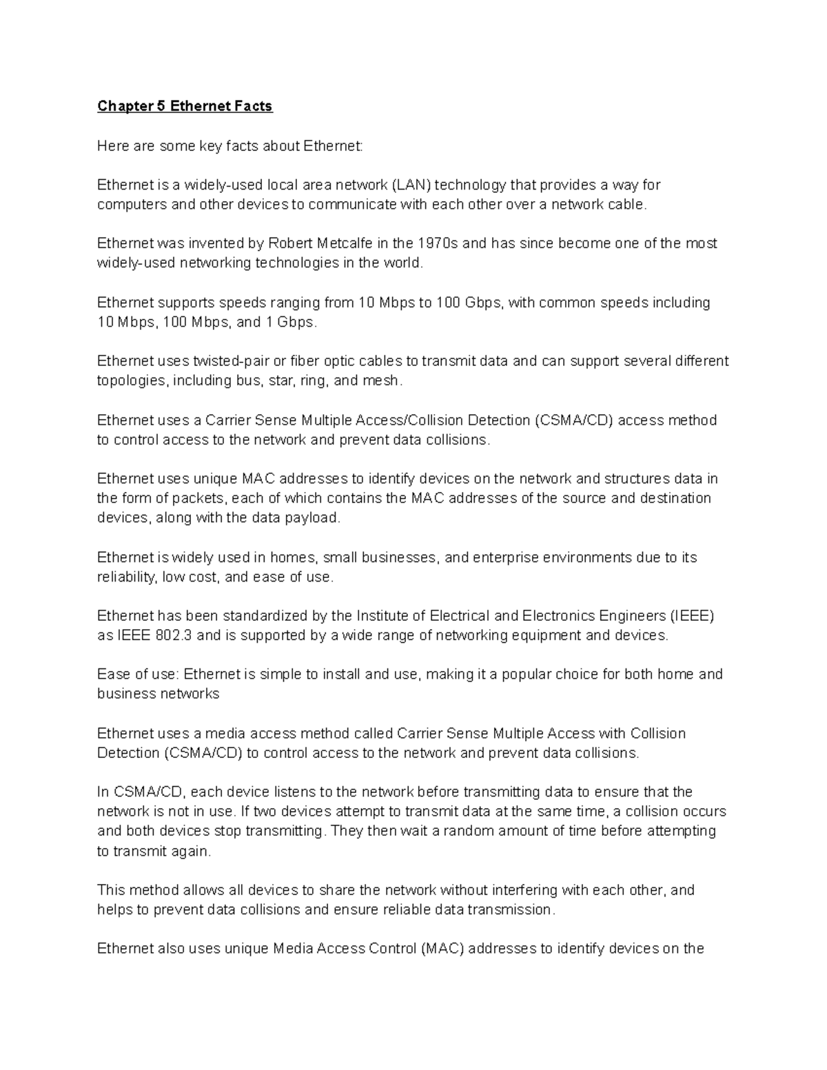 Chapter 5 Ethernet Facts - Chapter 5 Ethernet Facts Here are some key facts about Ethernet ...
