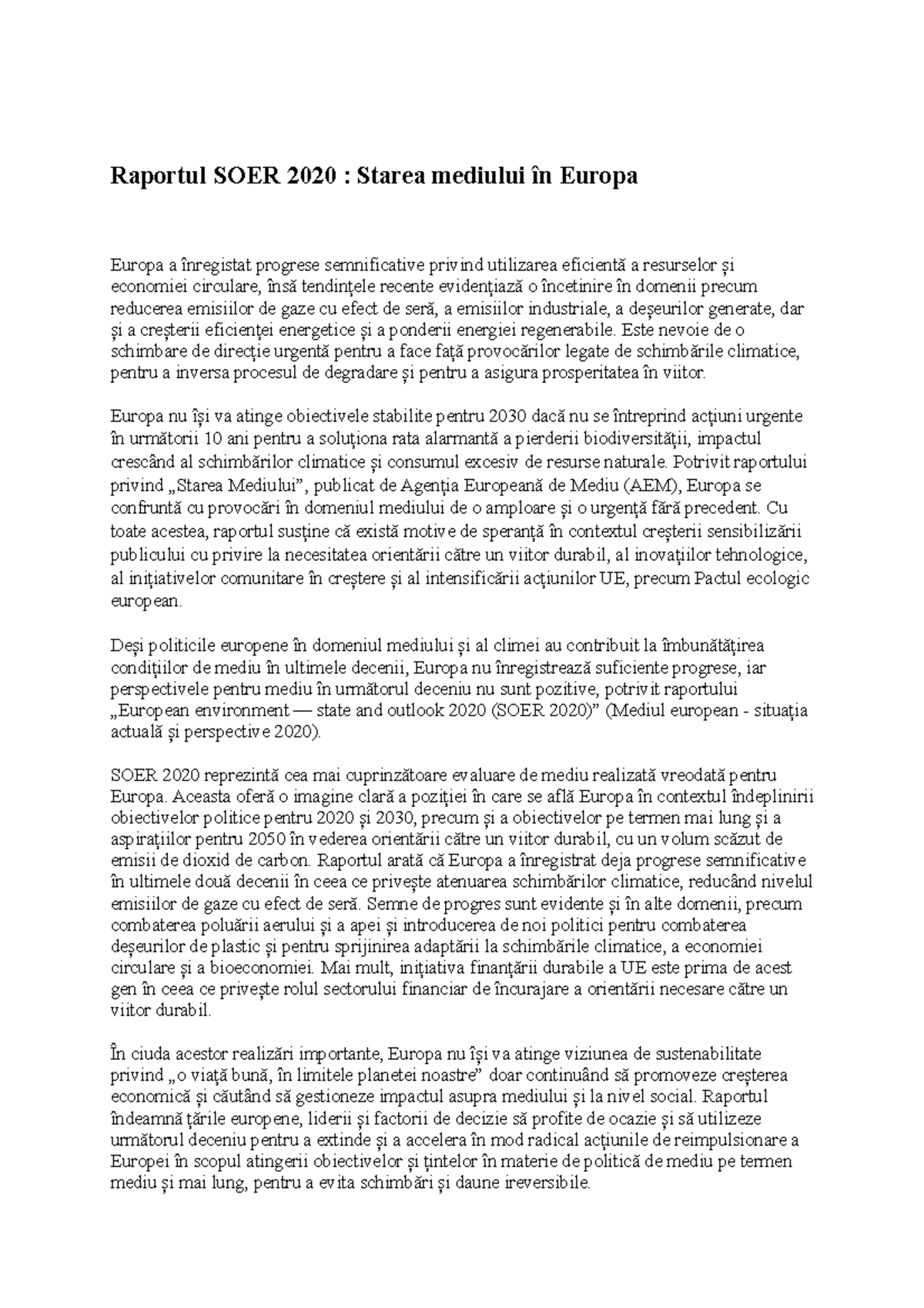 Referat Economia mediului - Raportul SOER 2020 - Raportul SOER 2020 ...