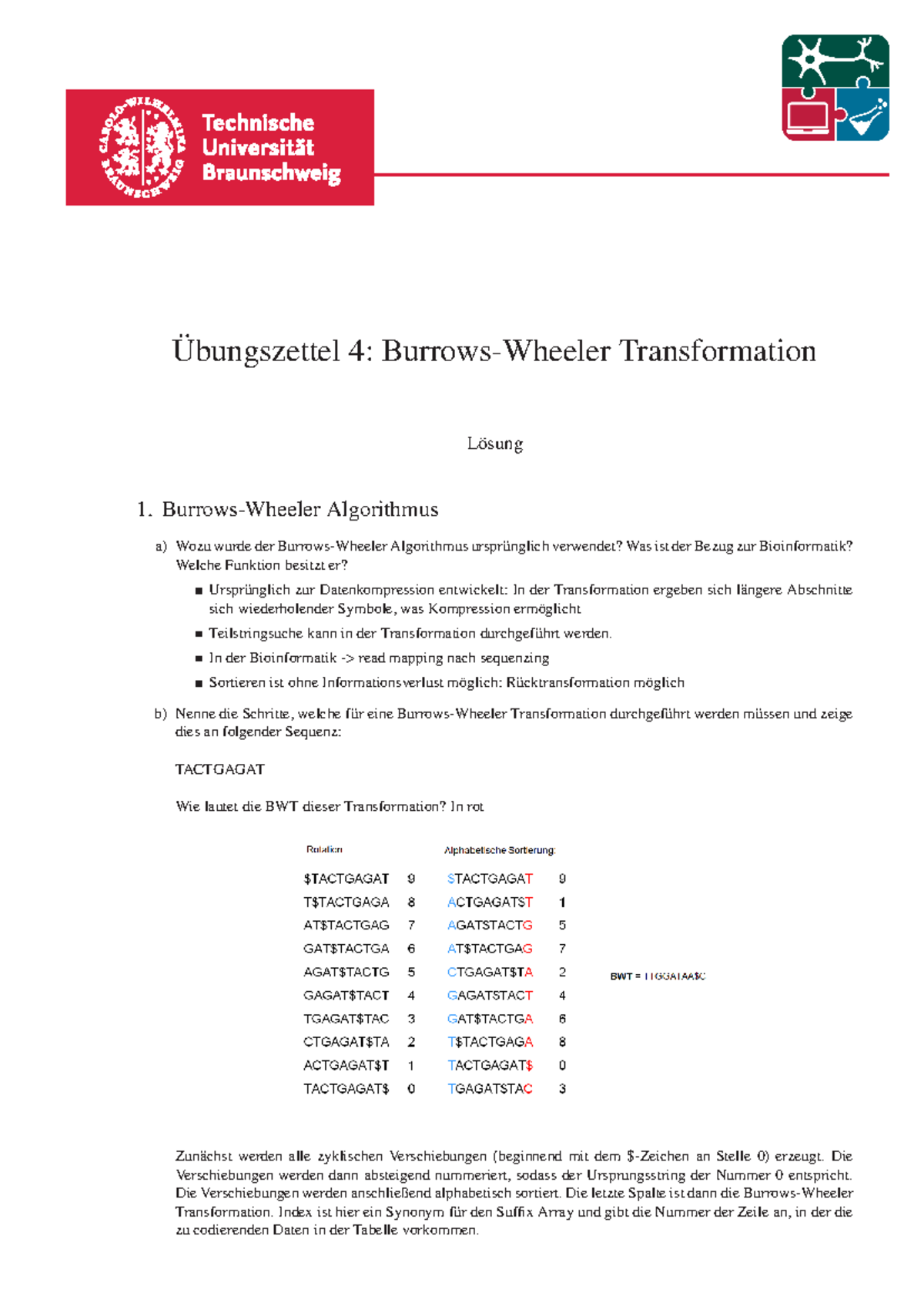 Lösung 4-1 - Übungszettel 4: Burrows-Wheeler Transformation Lösung 1. Burrows-Wheeler ...