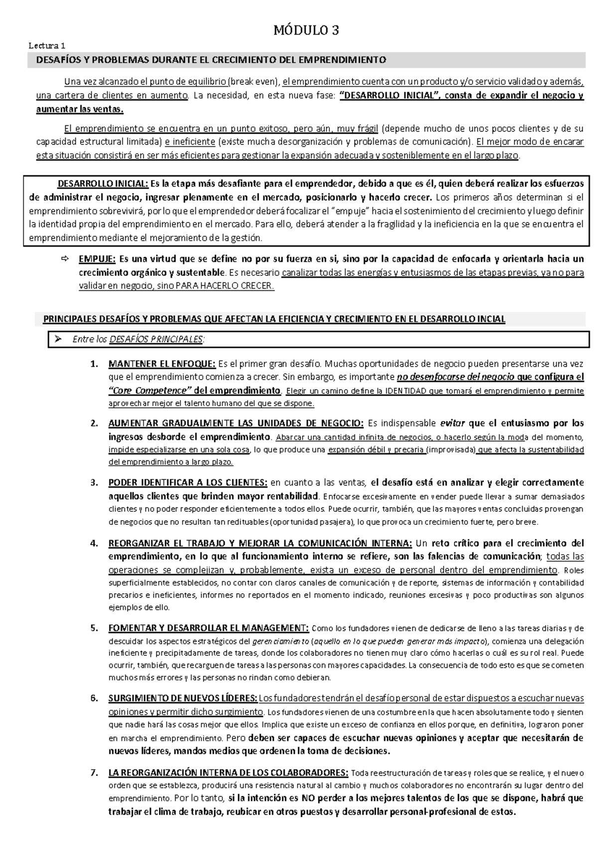 Resumen modulo 3 y 4 desarrollo emprendedor 1 - MÓDULO 3 Lectura 1 DESAFÍOS Y PROBLEMAS DURANTE ...
