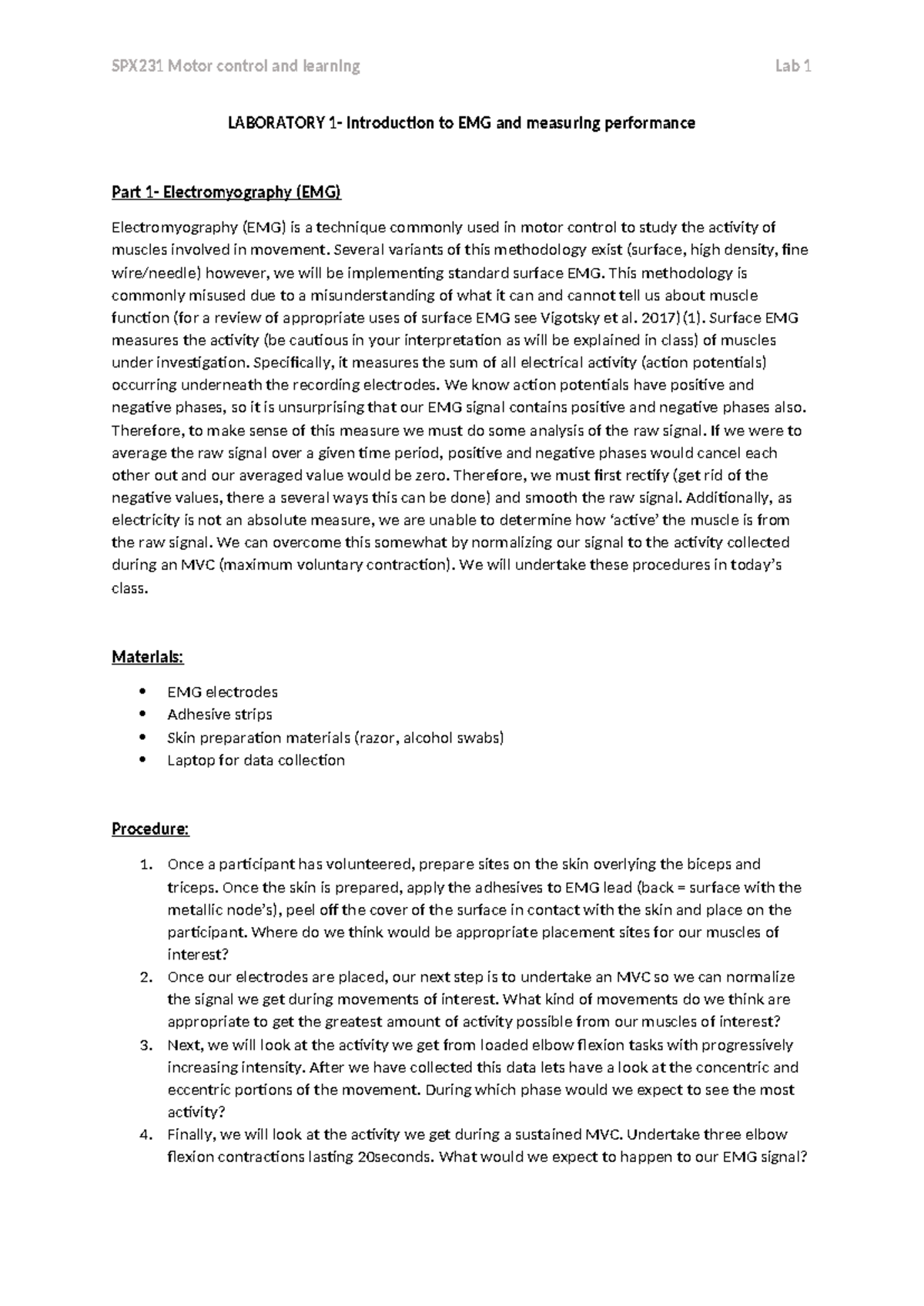 Week 1 Lab Q&A - LABORATORY 1- Introduction to EMG and measuring performance Part 1- - Studocu