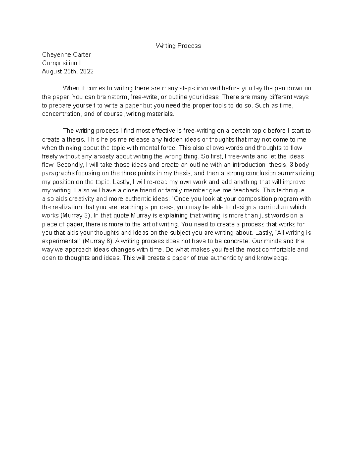English Writing Process - Writing Process Cheyenne Carter Composition I ...