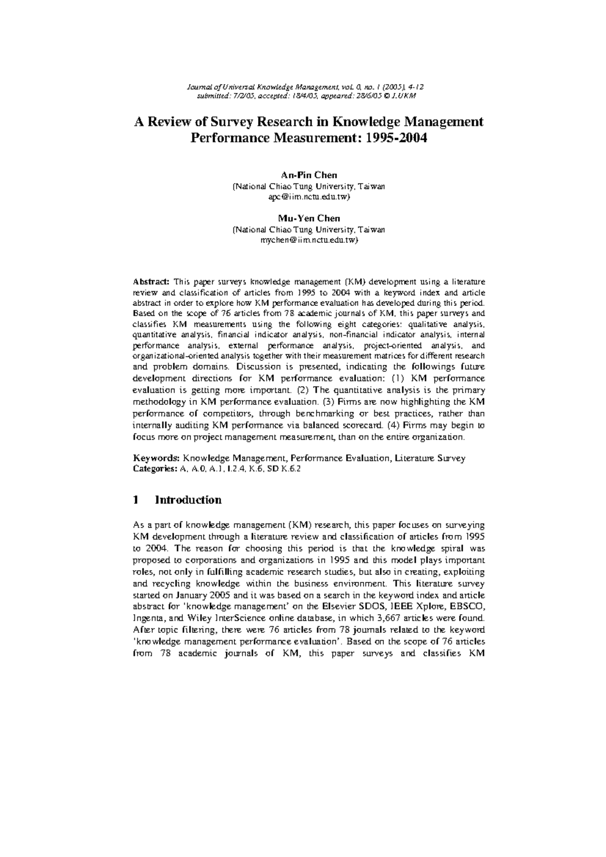 A Review of Survey Research in Knowledge Management Performance - A Review of Survey Research in ...