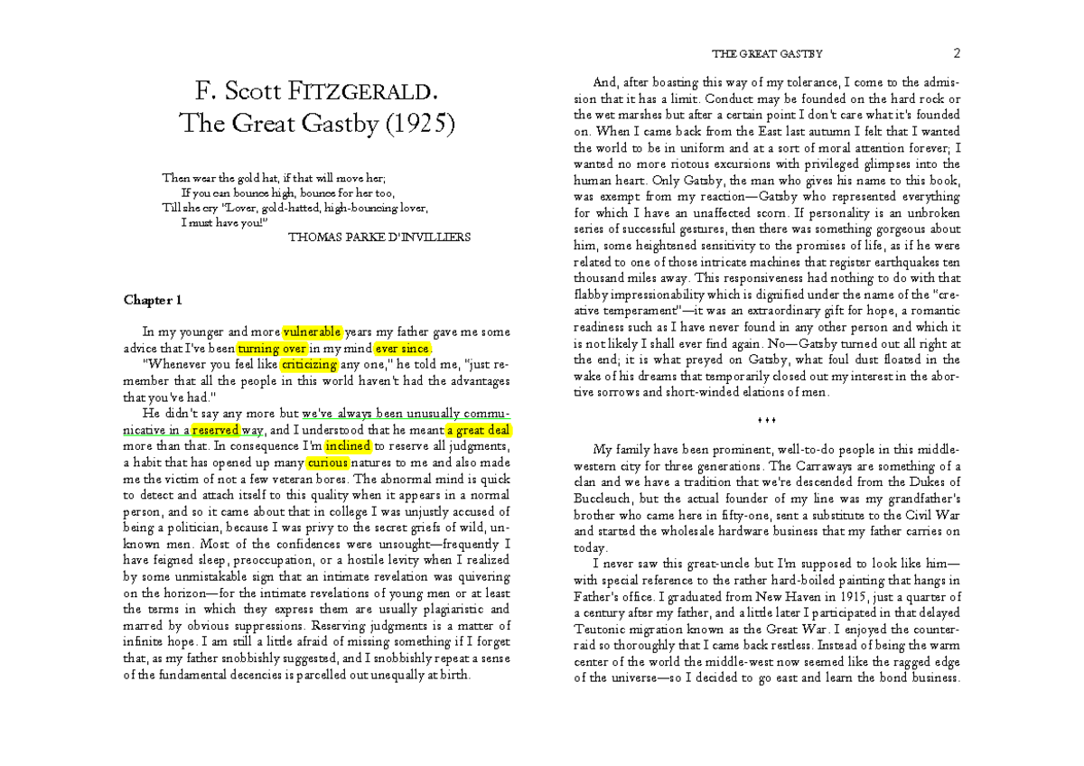 Fitzgerald The Great Gastby - - Studocu