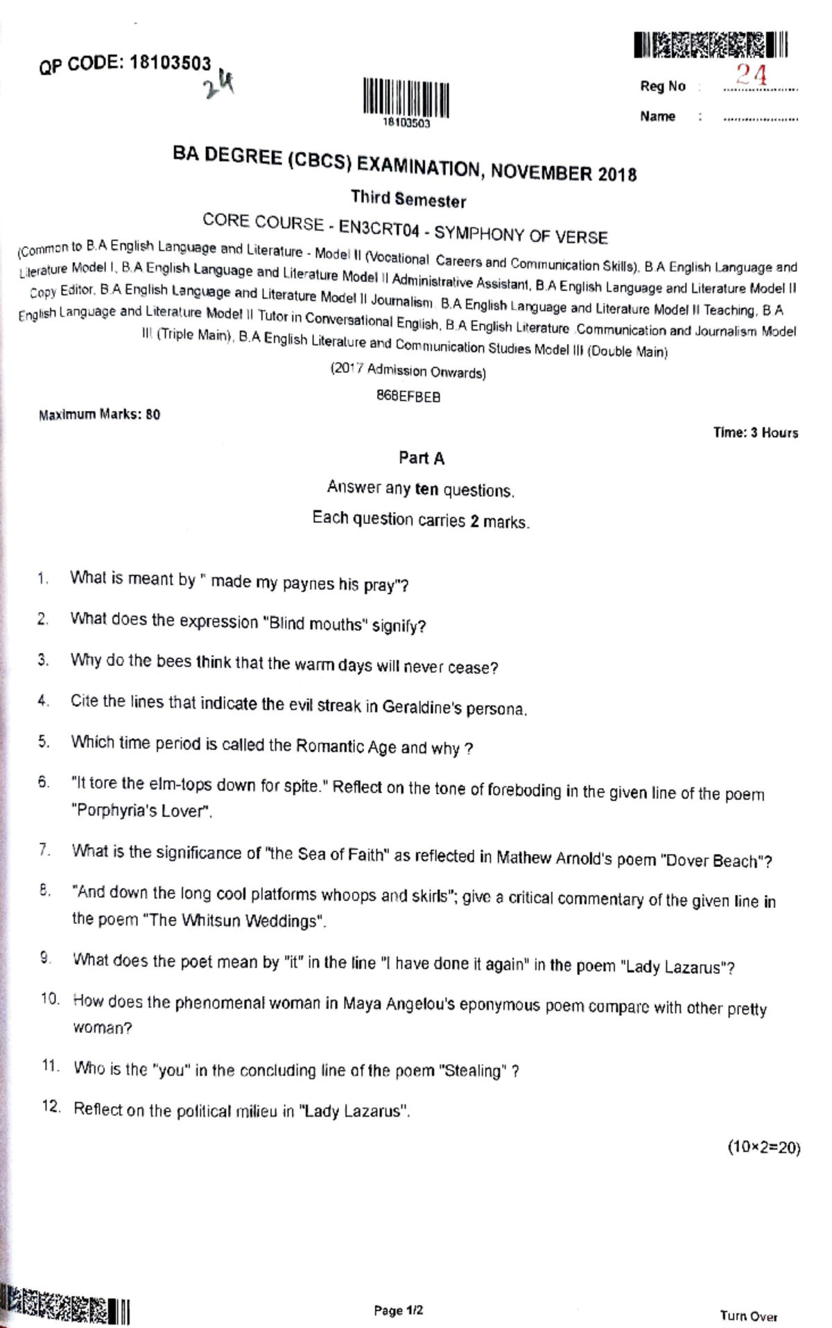 Previous year question paper - QP CODE: 18103503 Reg No 24 **** ********** 18103503 Name . - Studocu