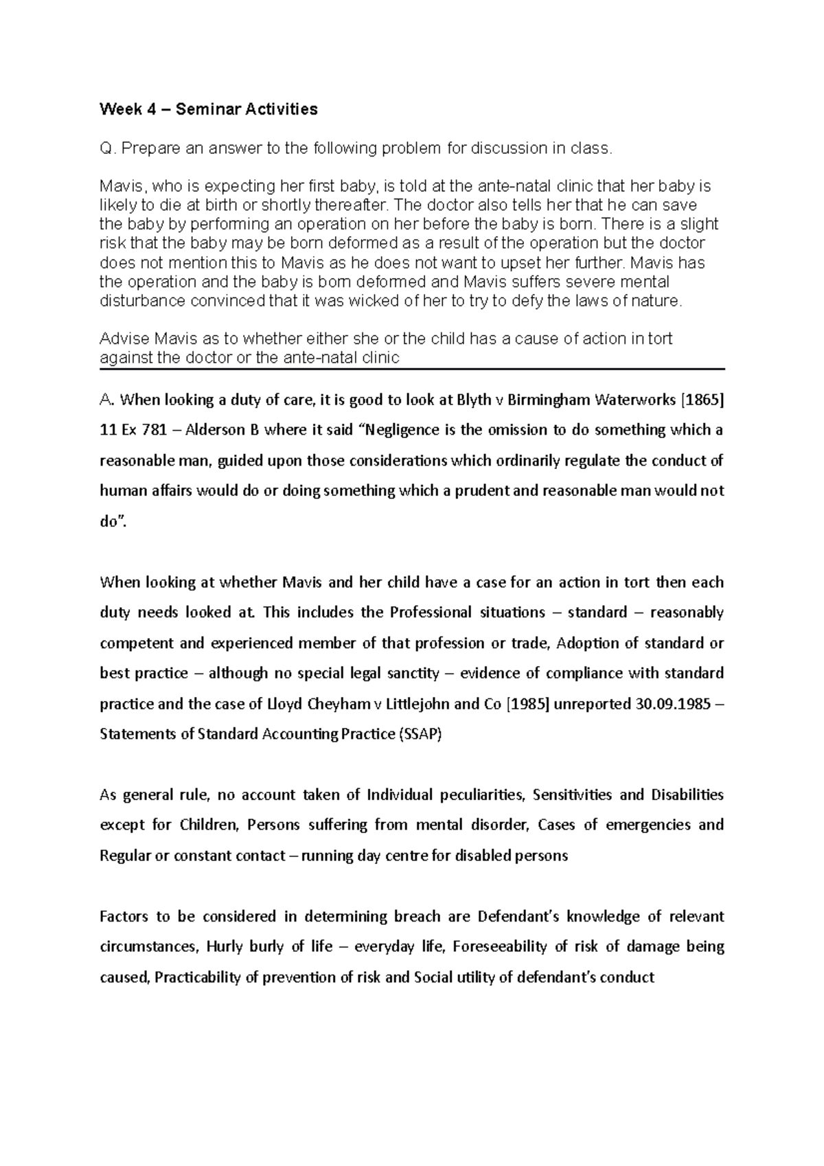 Seminar work - notes - Week 4 – Seminar Activities Q. Prepare an answer ...