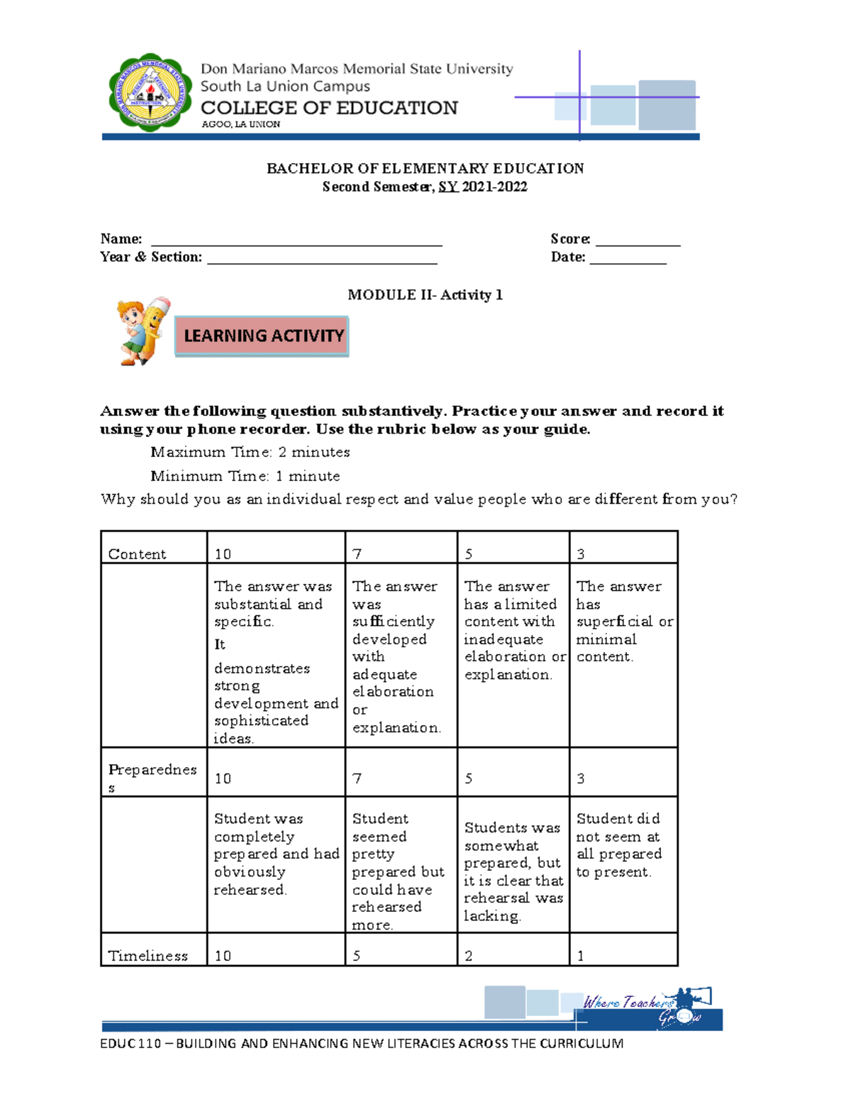 EDUC- 110 Module II (Activity 1) - LEARNING ACTIVITY BACHELOR OF ...