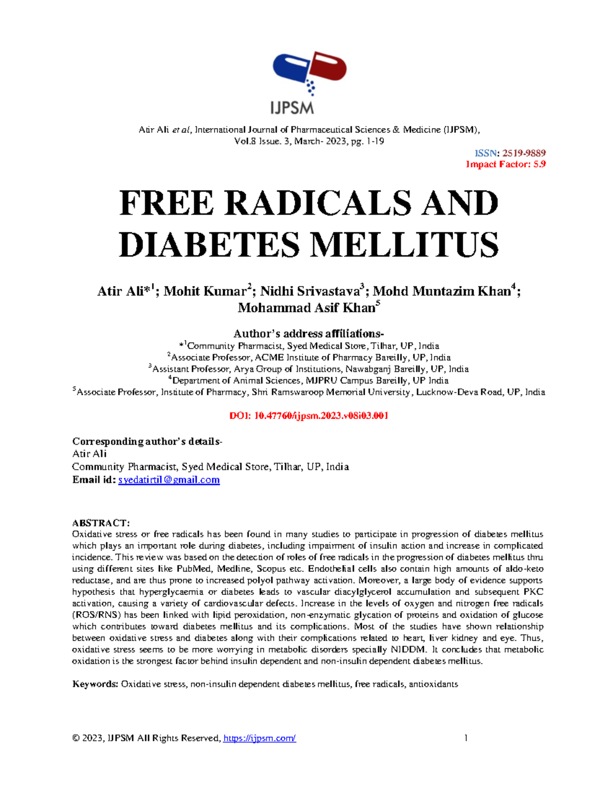 Free radicle and diabetes - Vol Issue. 3, March- 2023, pg. 1- ISSN ...