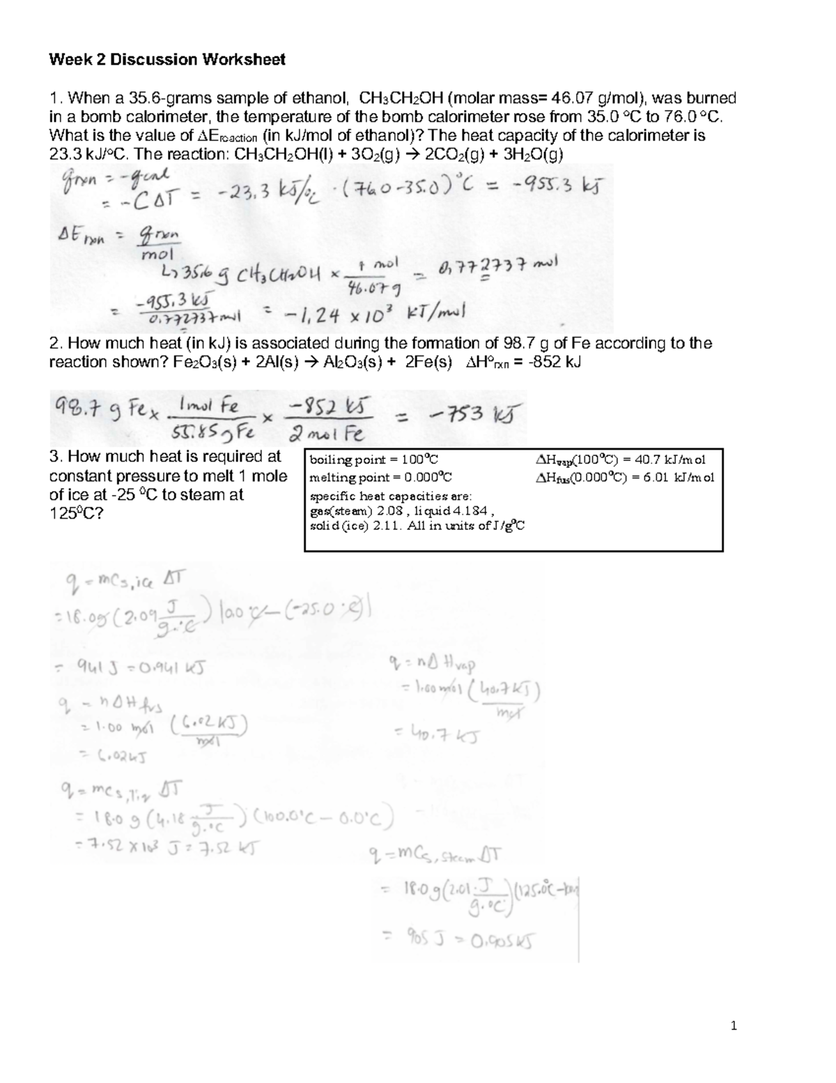 Chem124 DW2 KEY - 1 Week 2 Discussion Worksheet When a 35-grams sample ...