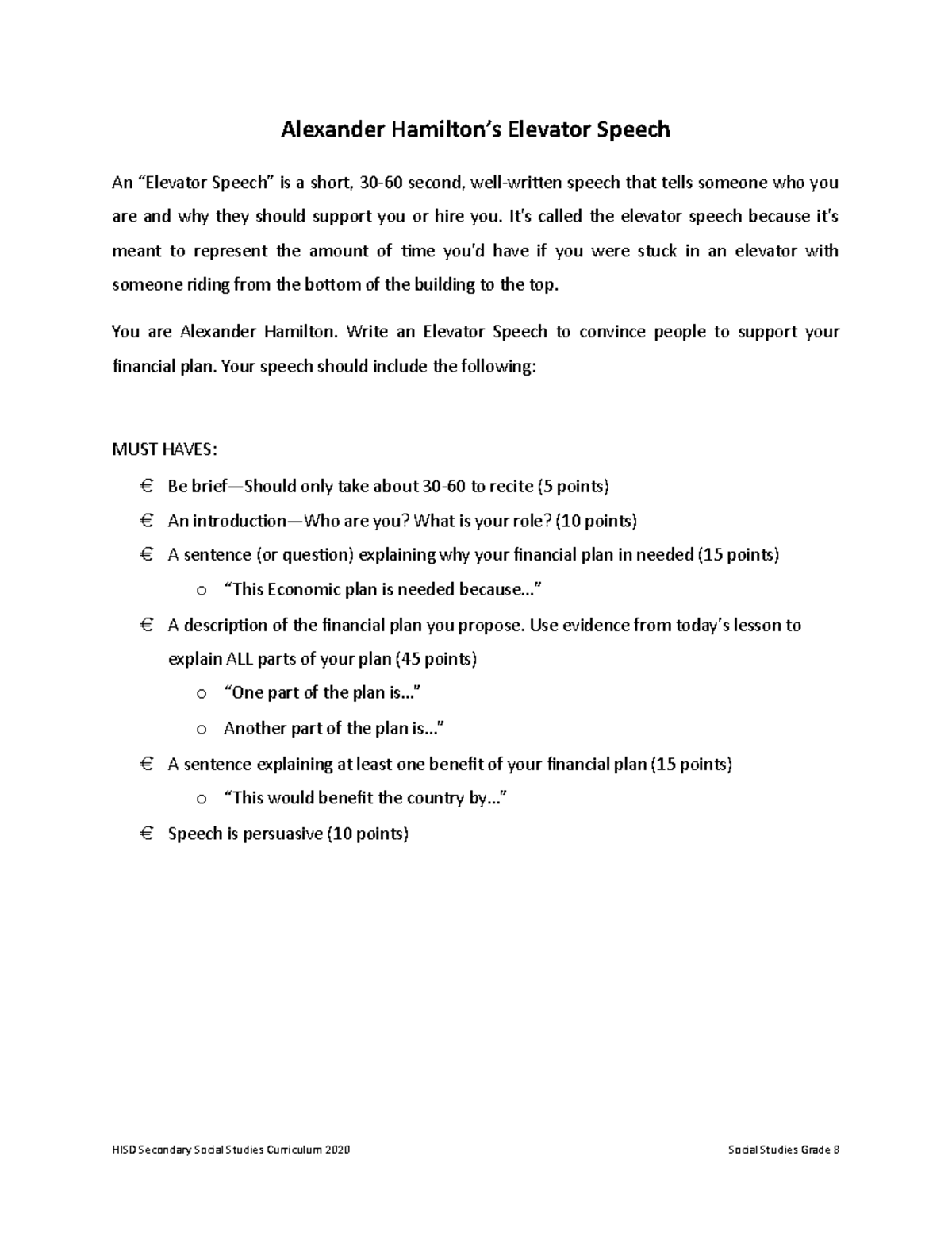 SS8 Hamilton's Elevator Speech Unit 6 - Alexander Hamilton’s Elevator ...