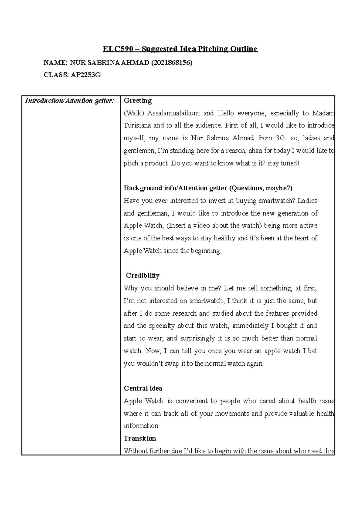 IDEA PITCHING- APPLE WATCH - ELC590 – Suggested Idea Pitching Outline ...
