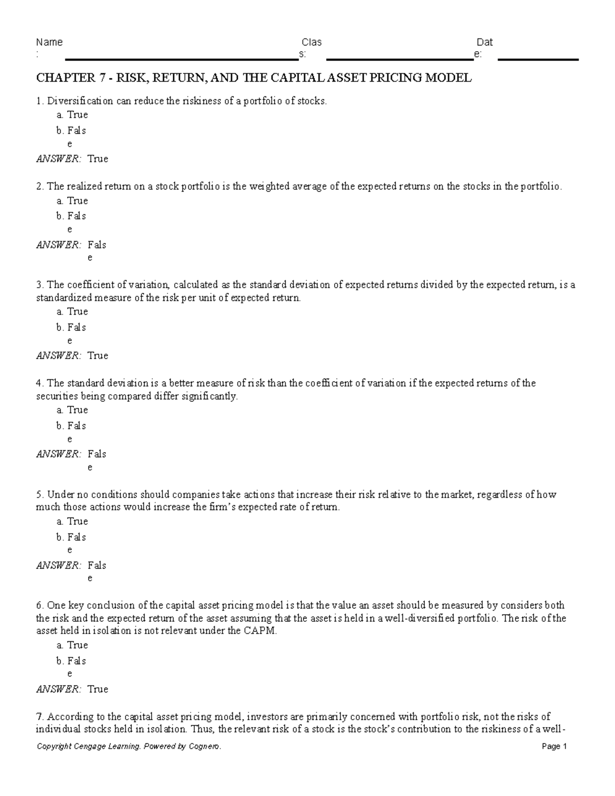 Chapter 7 - Risk Return And The Capital Asset Pricing Model - : s: e ...