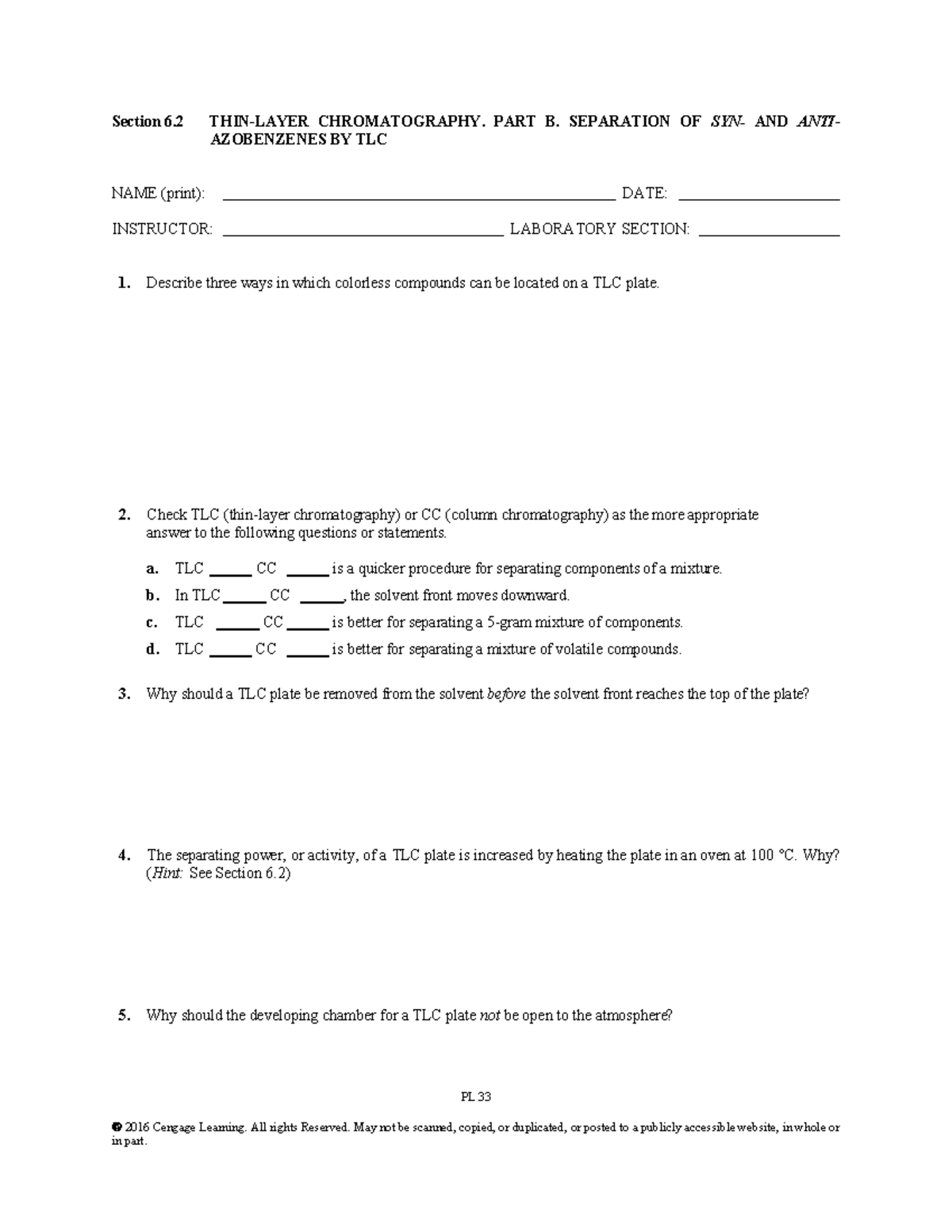 TLC Pre Lab Questions - Dr. Bradley - PL 33 2016 Cengage Learning. All ...