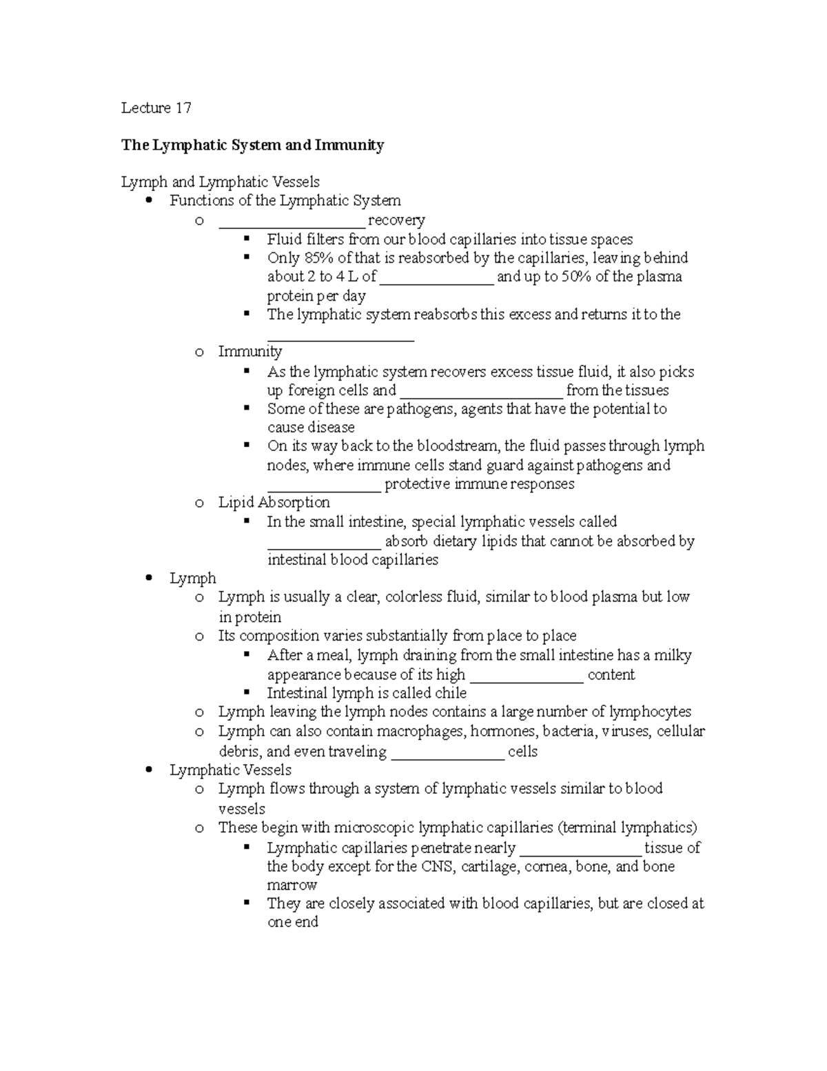 Outline 17 - lecture notes - Lecture 17 The Lymphatic System and ...