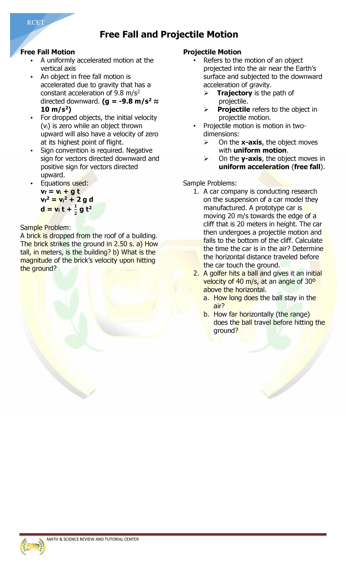 3a - free fall and projectile motion - RCET Free Fall and Projectile ...