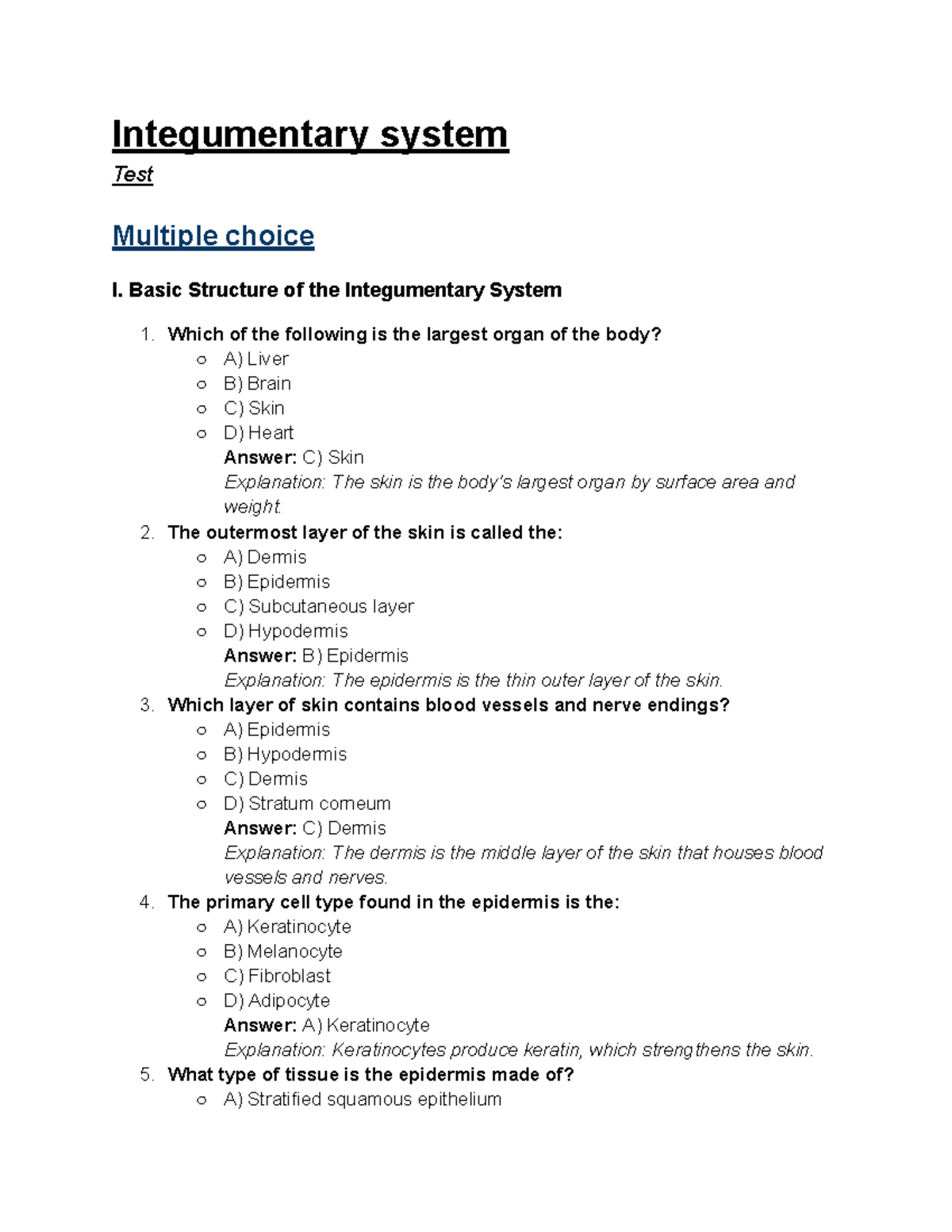Integumentary system - very helpful - Integumentary system Test ...