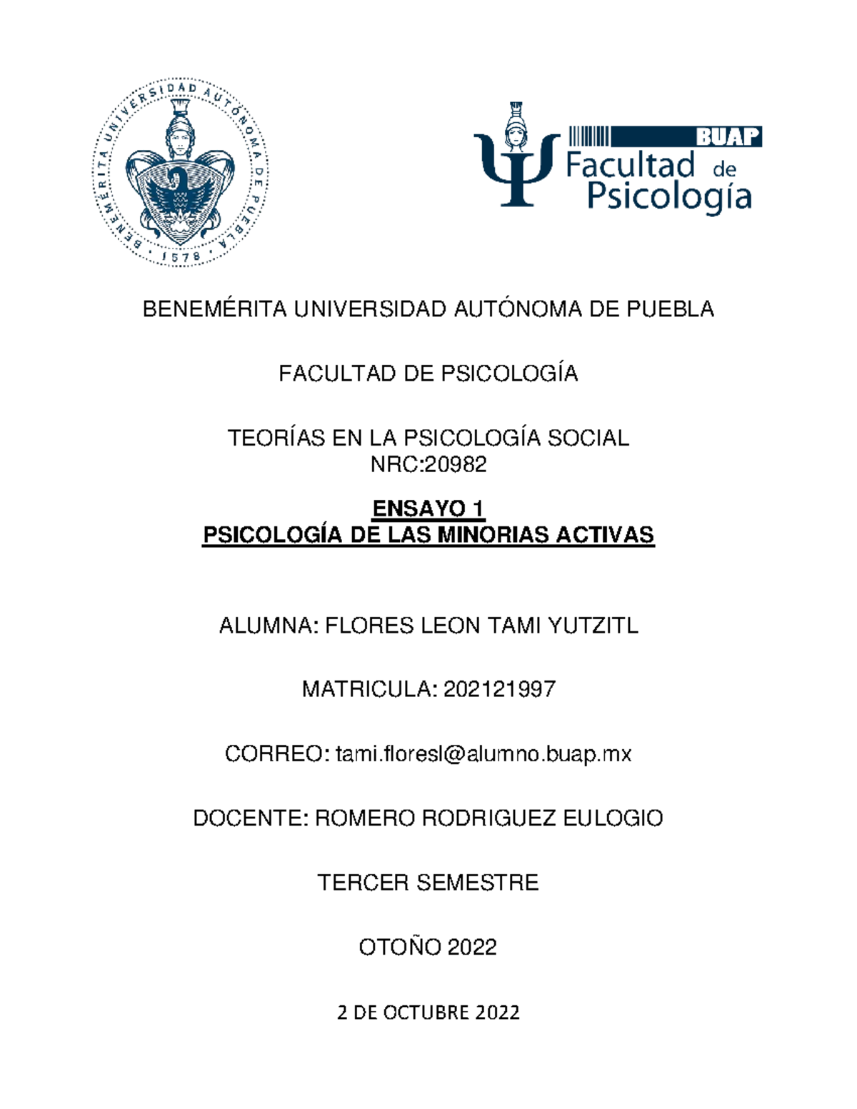 Ensayo 1 Social Minorias activas TYFL - BENEMÉRITA UNIVERSIDAD AUTÓNOMA ...
