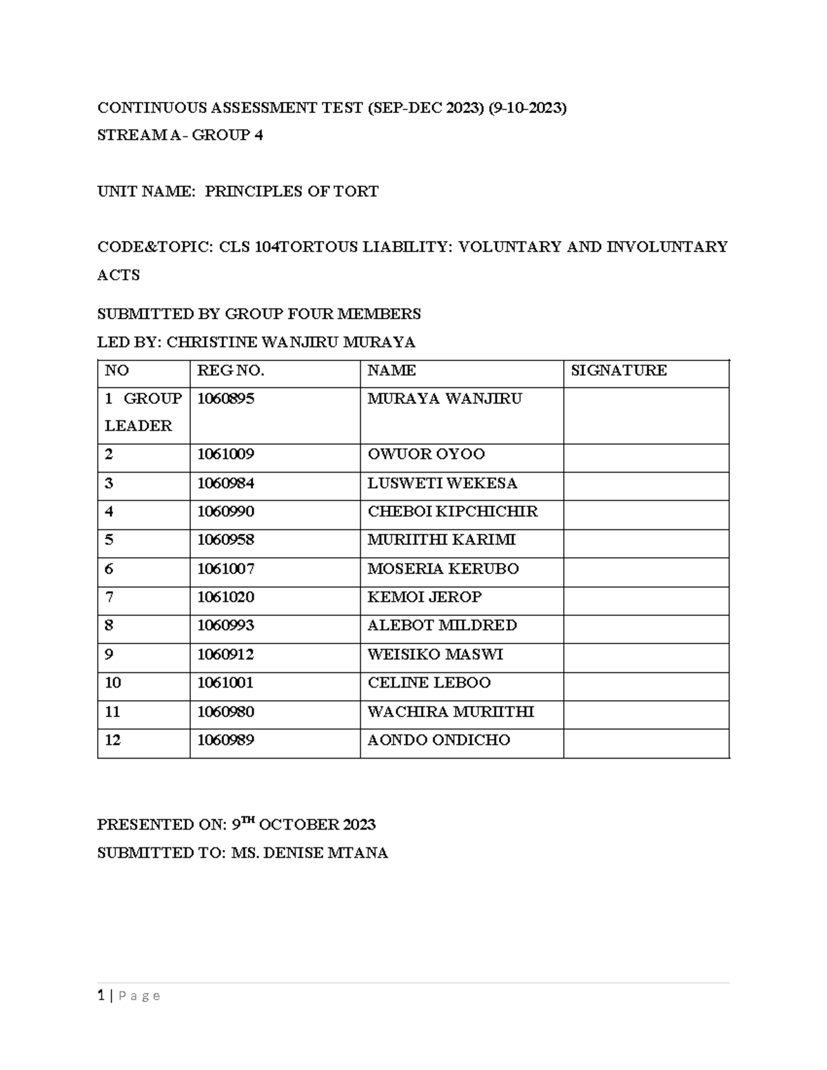 Tortious Liability - CONTINUOUS ASSESSMENT TEST (SEP-DEC 2023) (9-10 ...