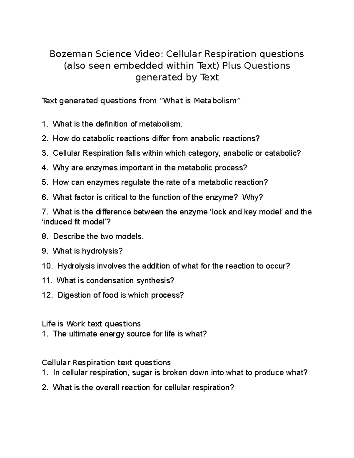 Questions generated by Bozeman - Bozeman Science Video: Cellular ...