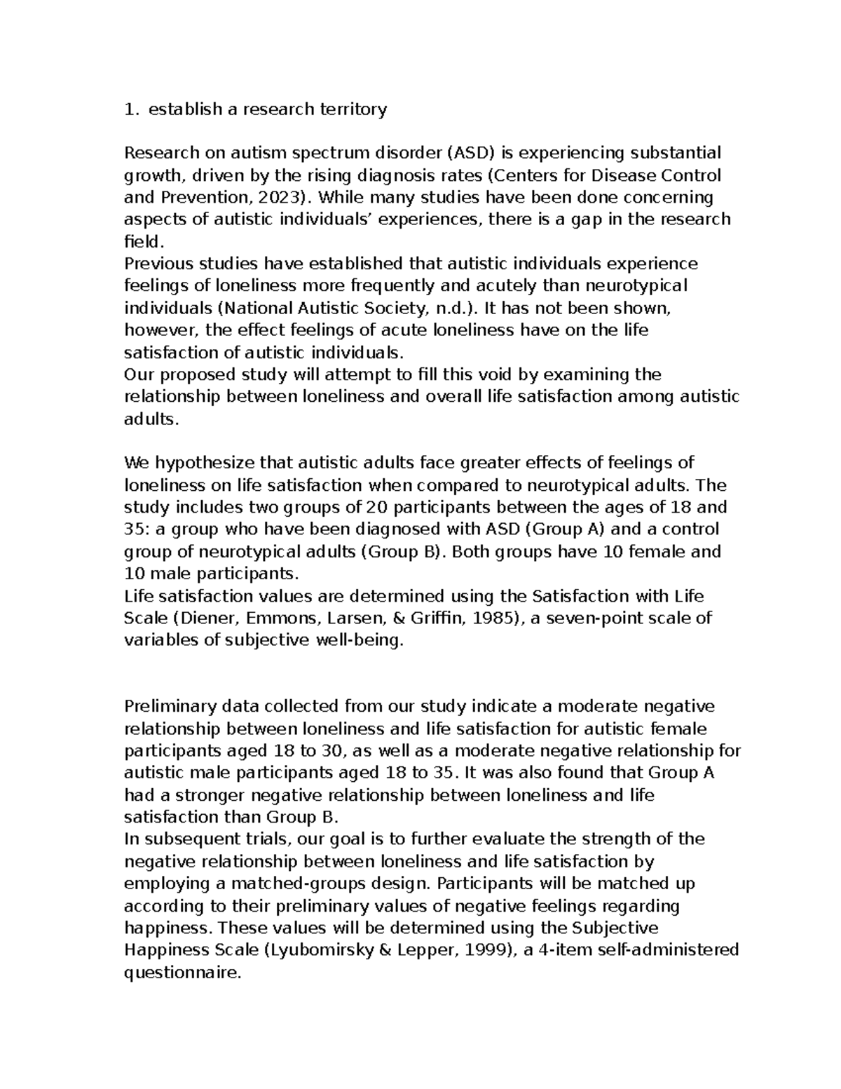 Research proposal - establish a research territory Research on autism spectrum disorder (ASD) is ...