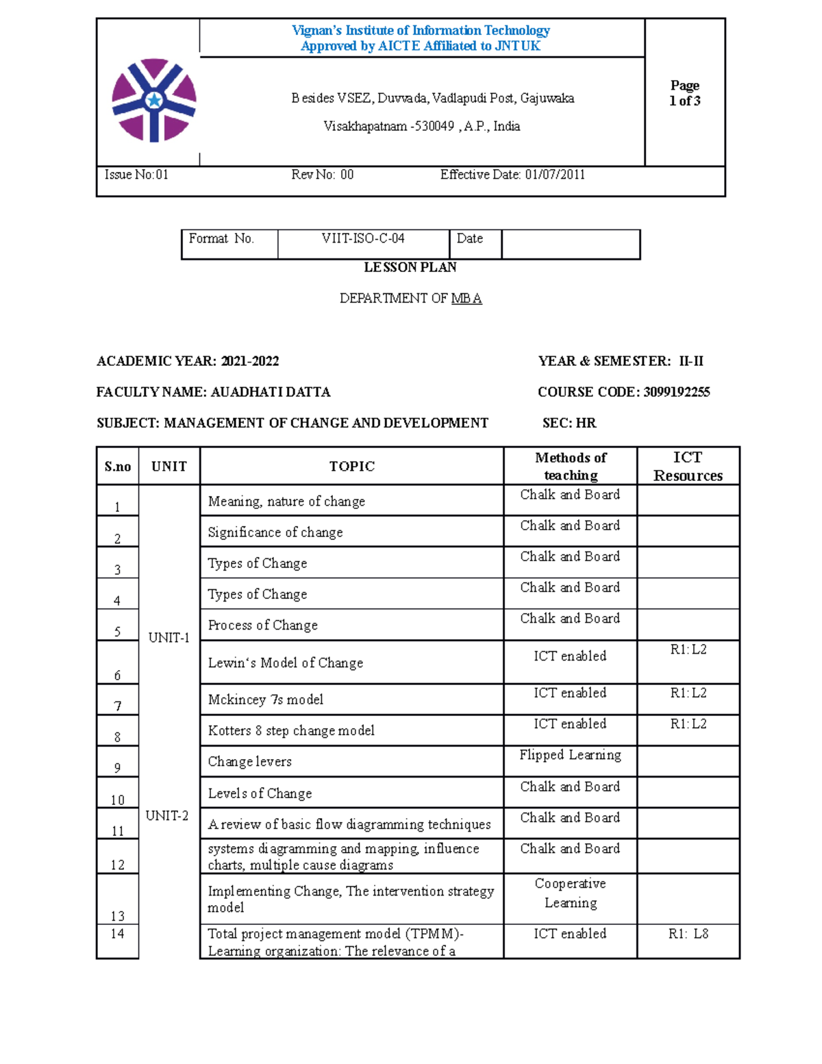 MCD lesson plan - Vignan’s Institute of Information TechnologyApproved by AICTE Affiliated to ...