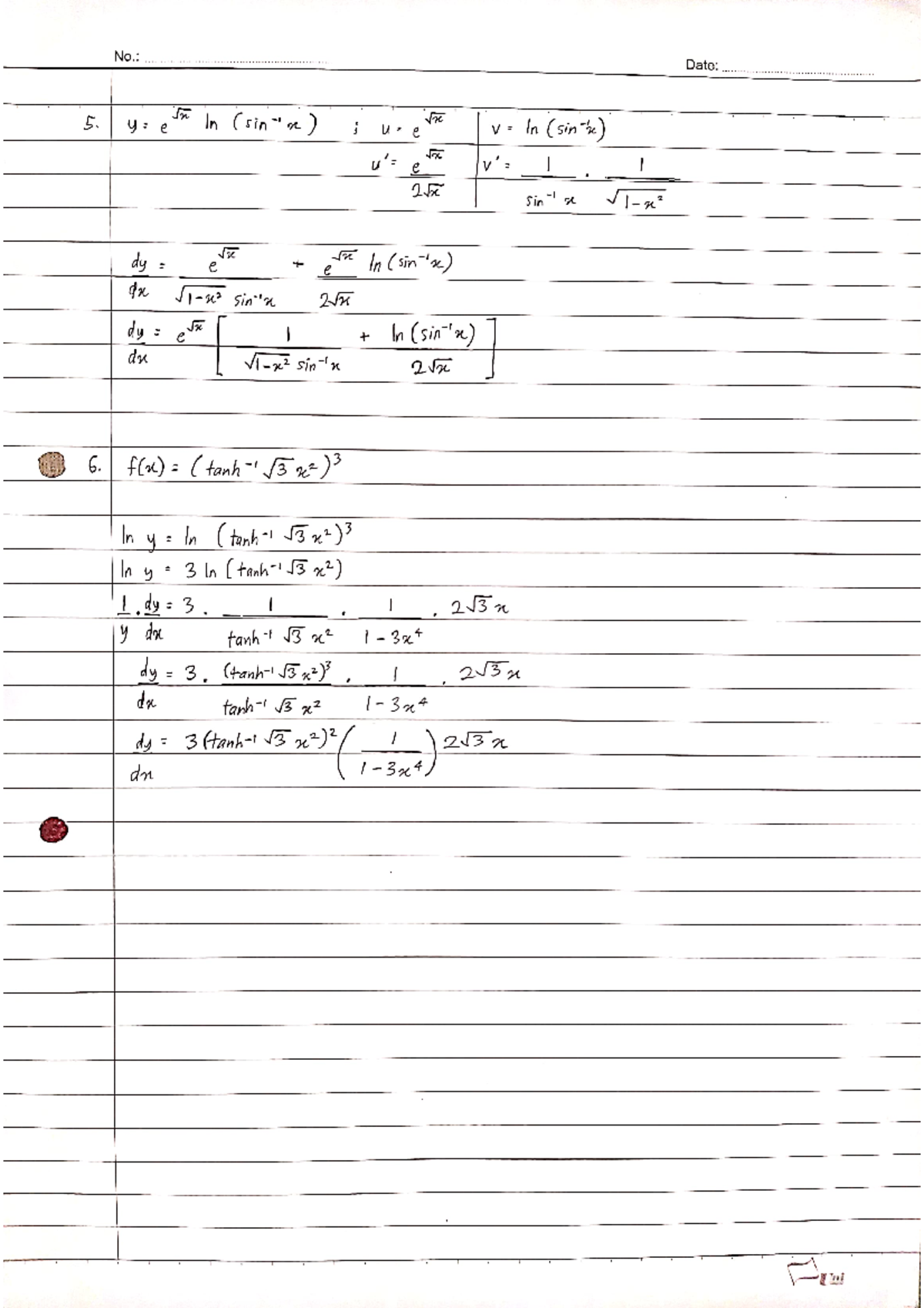 Tuto 2 (5-8) - No.: Date: In 5. In (sin-x) ; u=e H y=e V= In (sin-se) u ...