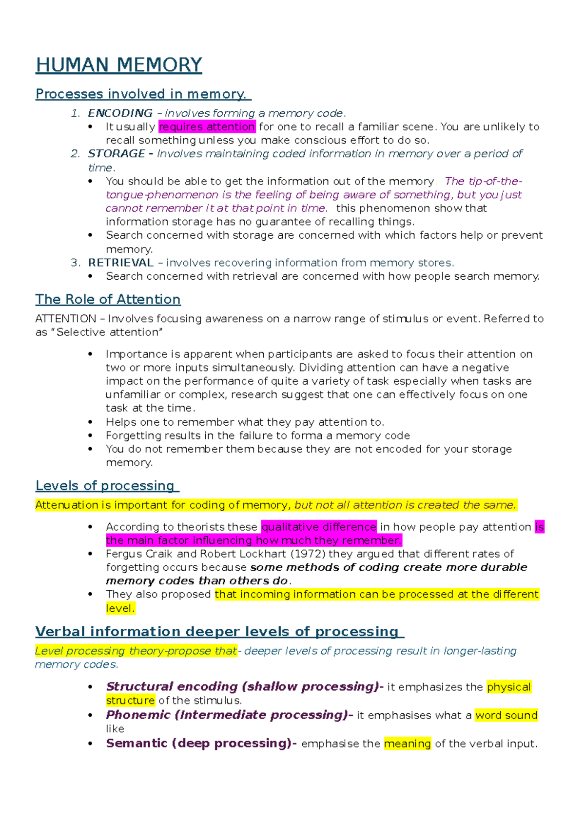 SLK 120 Chapter 7 - LECTURES NOTES - HUMAN MEMORY Processes involved in ...