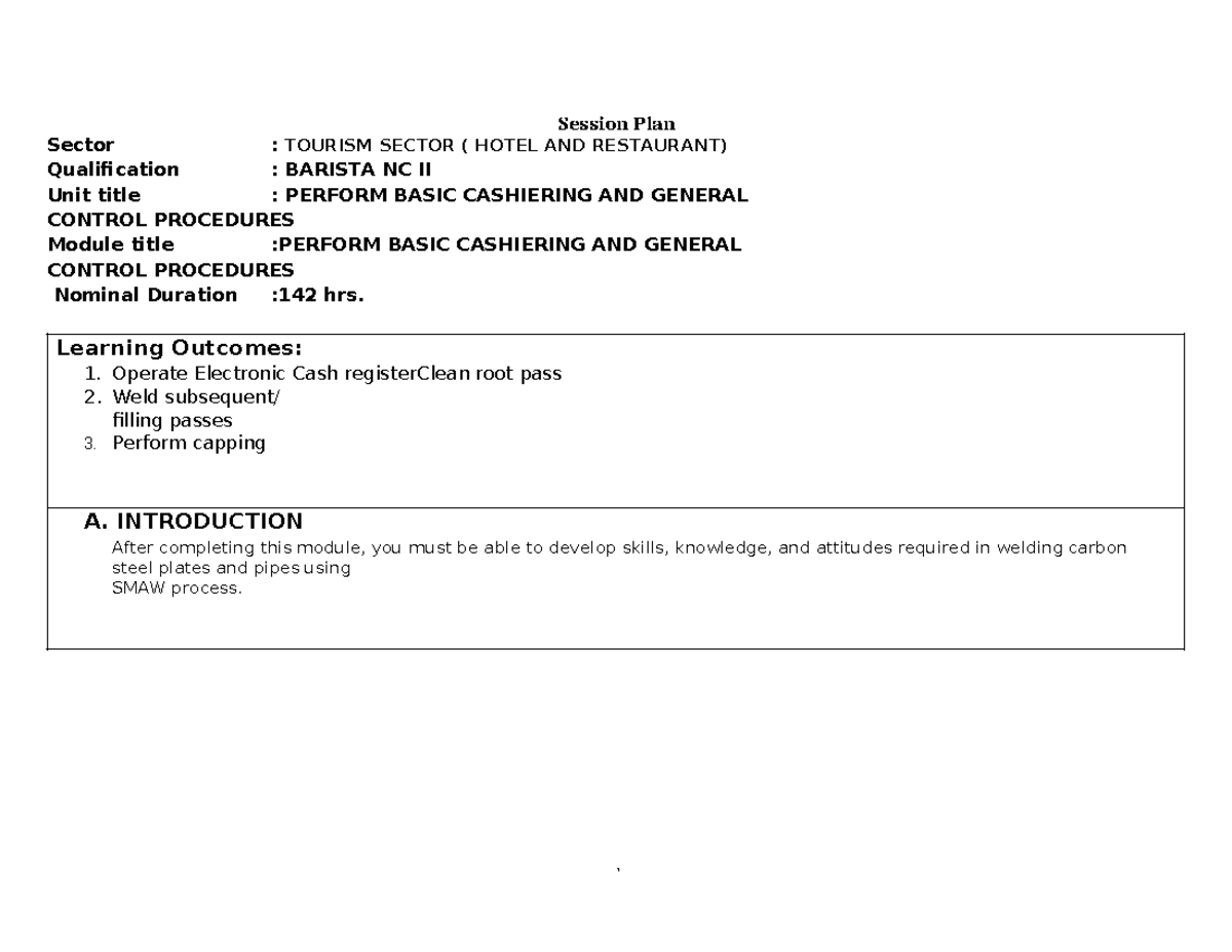Smaw-Session-Plan-Cordero-1 - Session Plan Sector : TOURISM SECTOR ...