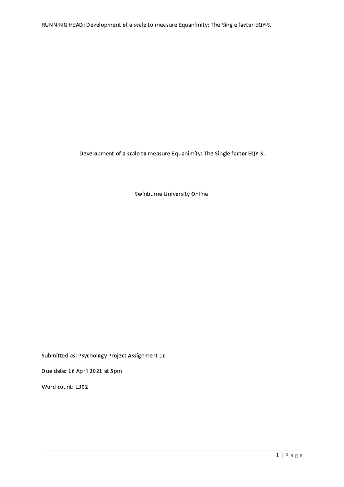 Assignment 1C : Development of a scale to measure Equanimity: The Single factor EQY-S ...