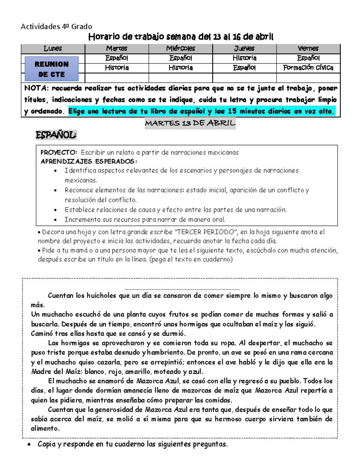 Semana del 12 AL16 DE Abril planeacion - Horario de trabajo semana del ...