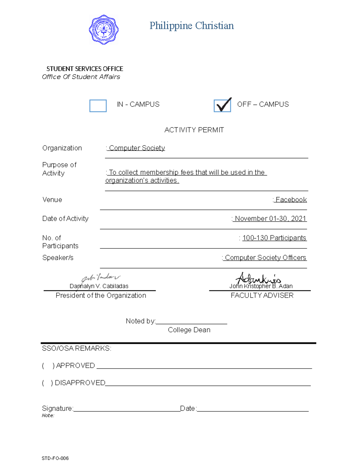 Activity- Permit ghfghfd - Office Of Student Affairs STUDENT SERVICES ...