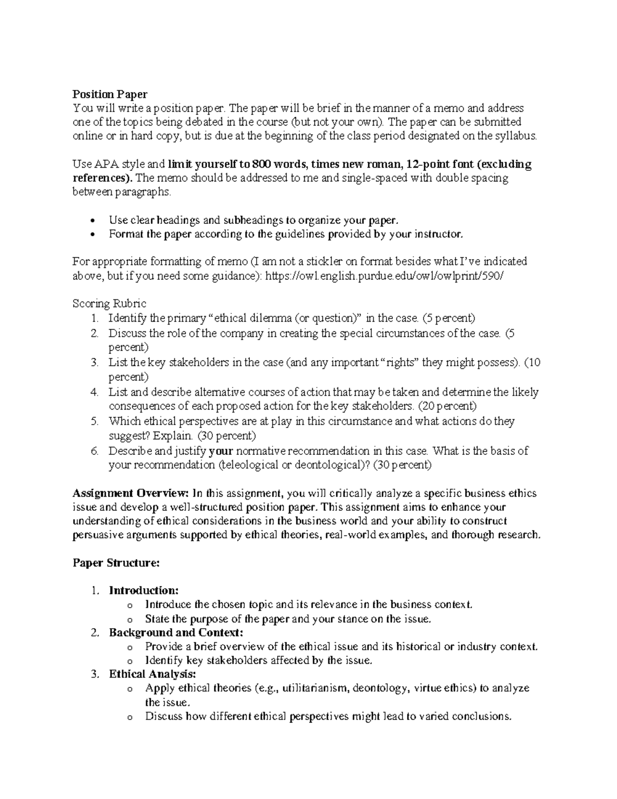 Position paper assignment - Position Paper You will write a position ...
