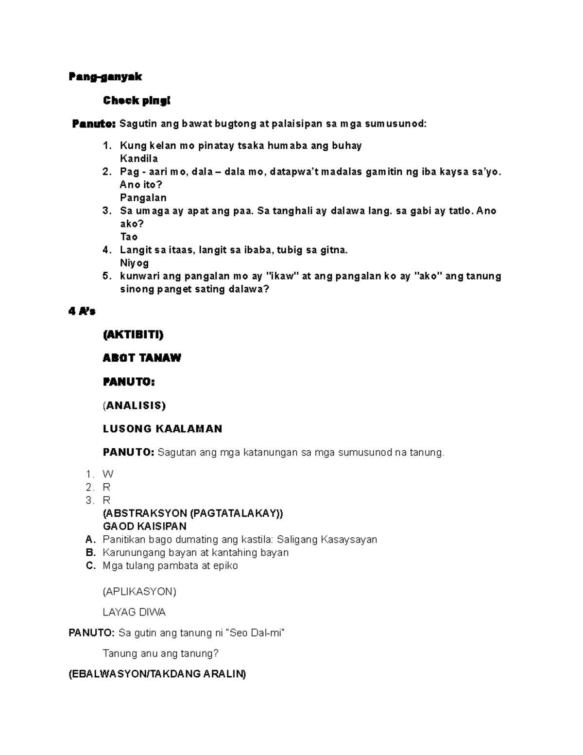 Pang ganyak - karunungang bayan - Pang-ganyak Check ping! Panuto ...
