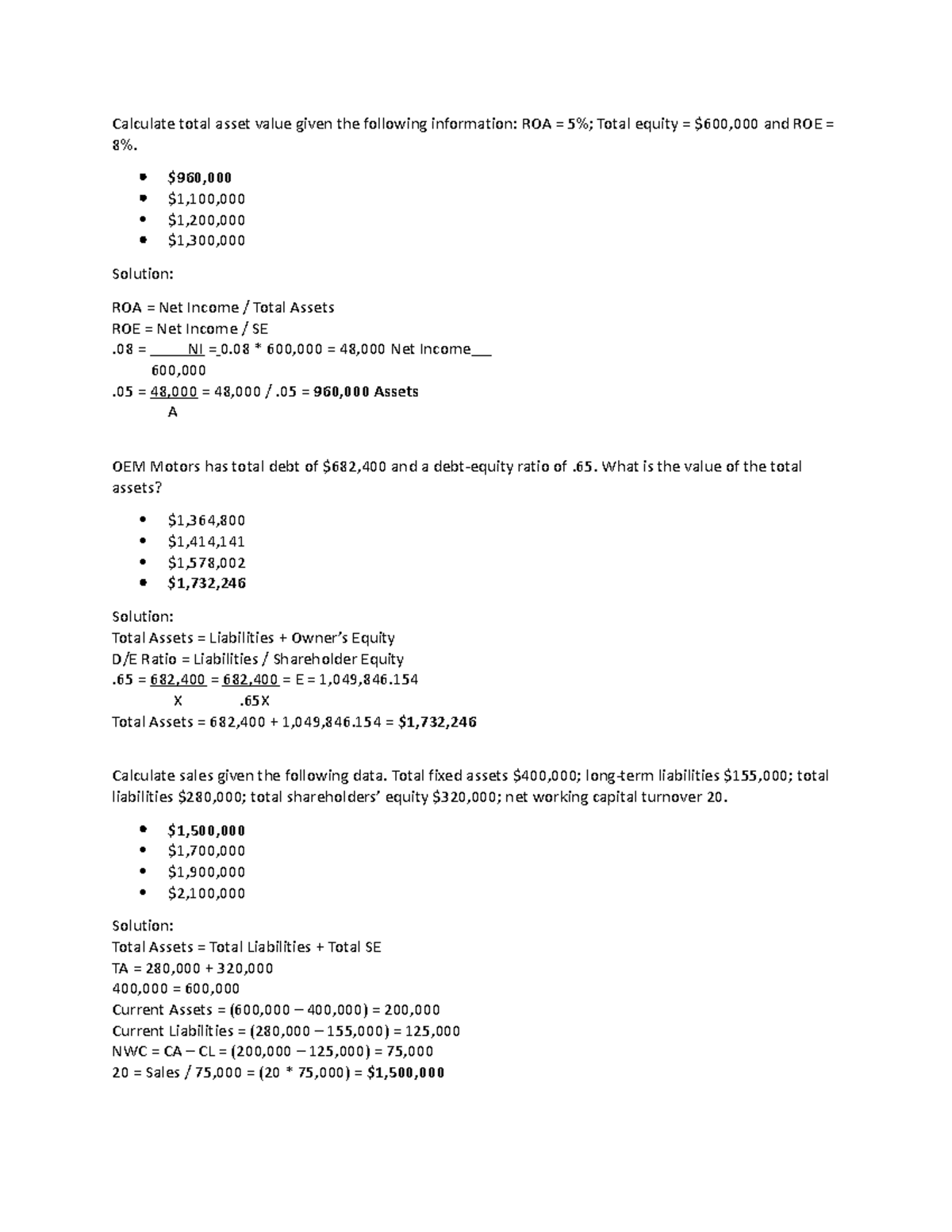 Corporate Finance Quiz 2 part 2 - Calculate total asset value given the ...