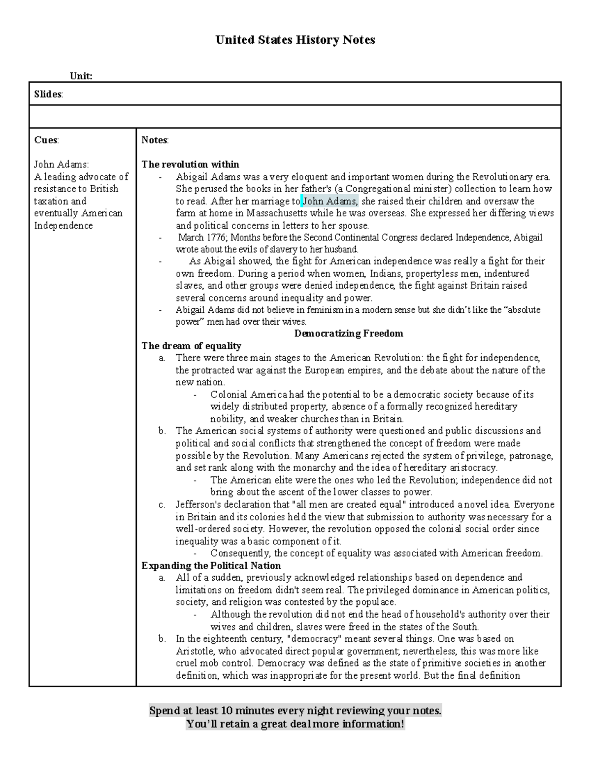 Chapter 6 Notes - United States History Notes Unit: Slides: Cues: John ...