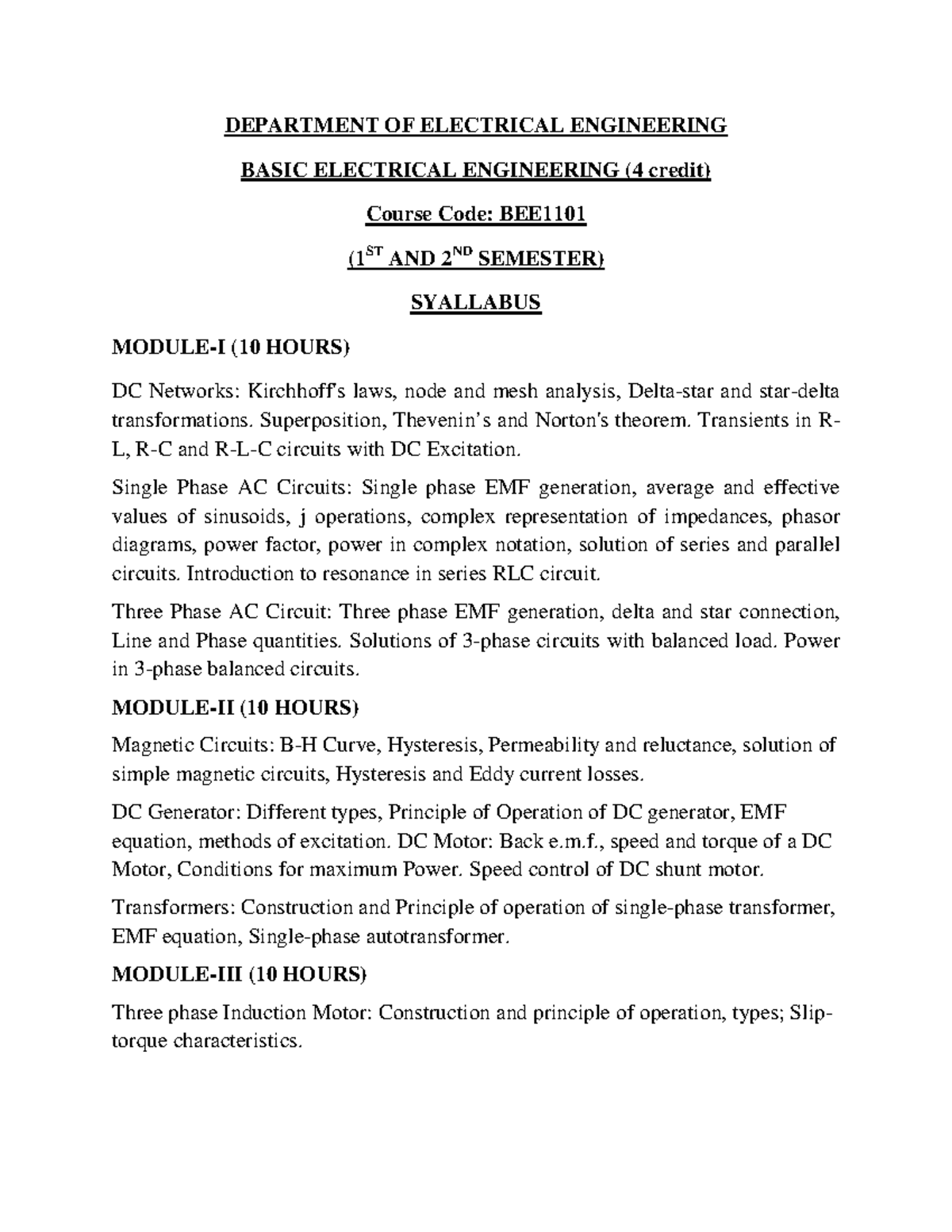 BEE Notes - DEPARTMENT OF ELECTRICAL ENGINEERING BASIC ELECTRICAL ...