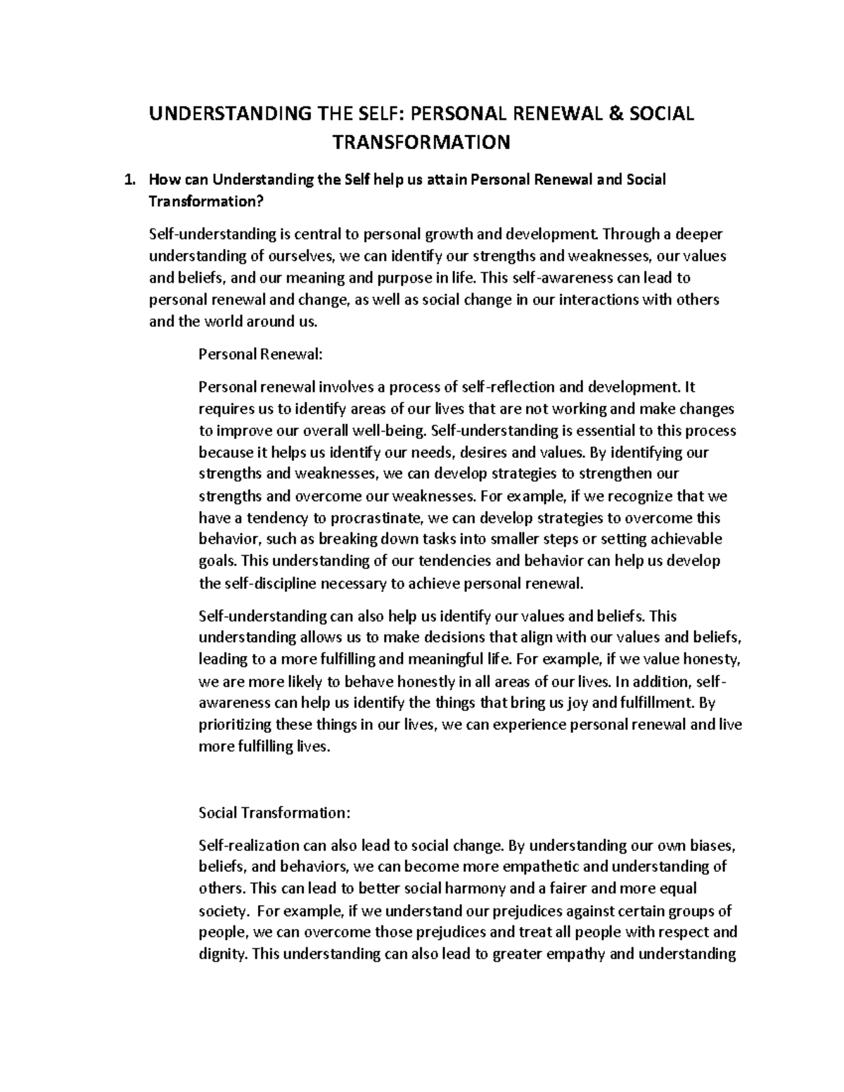 UTS Personal renewal and Social Transformation - UNDERSTANDING THE SELF ...