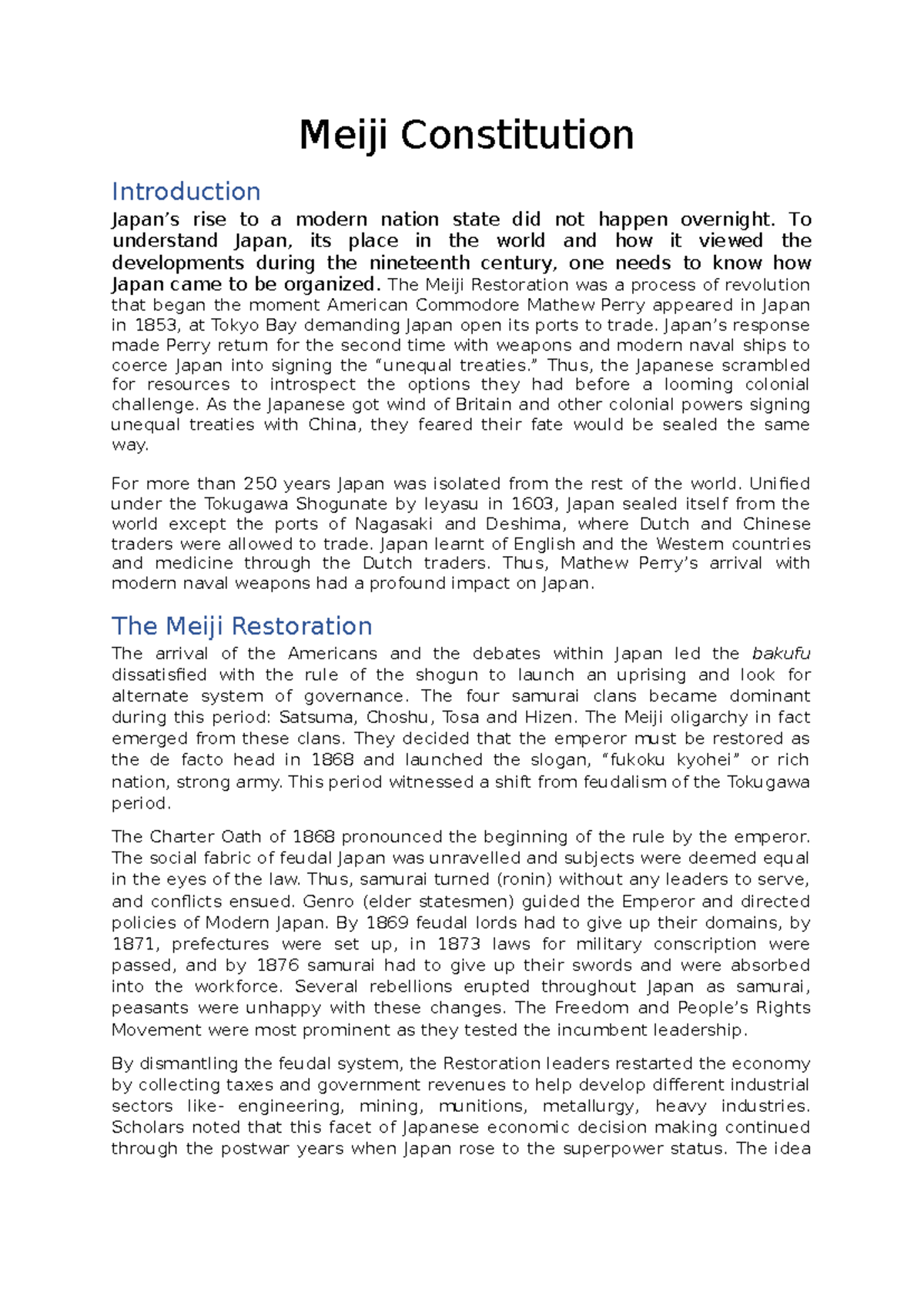 Meiji Constitution - Meiji Constitution Introduction Japan’s rise to a modern nation state did ...