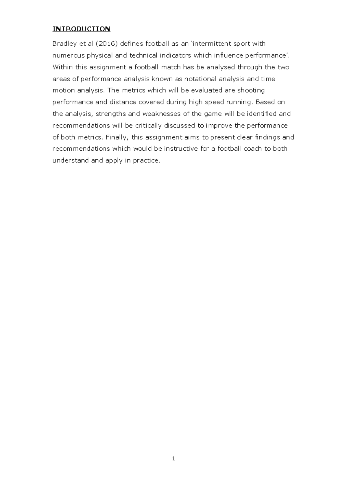 Performance Analysis Assessment - INTRODUCTION Bradley et al (2016 ...