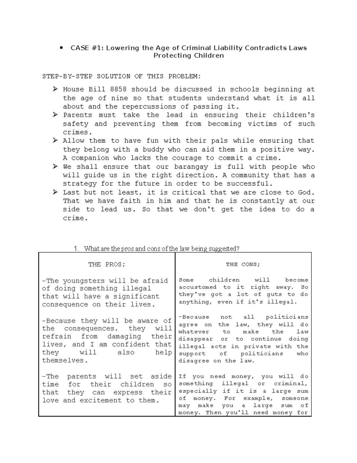 05 Worksheet 1 Intro TO Philo - CASE #1: Lowering the Age of Criminal ...