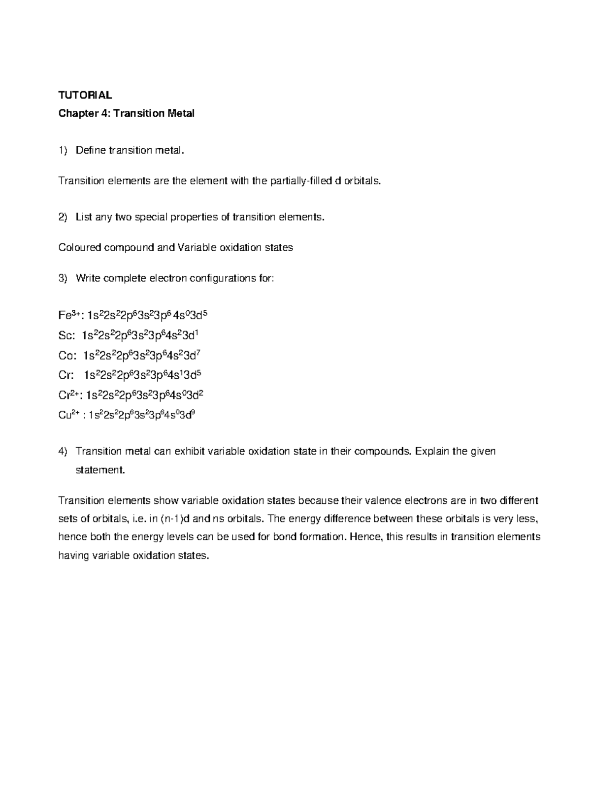 Tutorial 4 CHM361 - TUTORIAL Chapter 4: Transition Metal Define transition metal. Transition ...