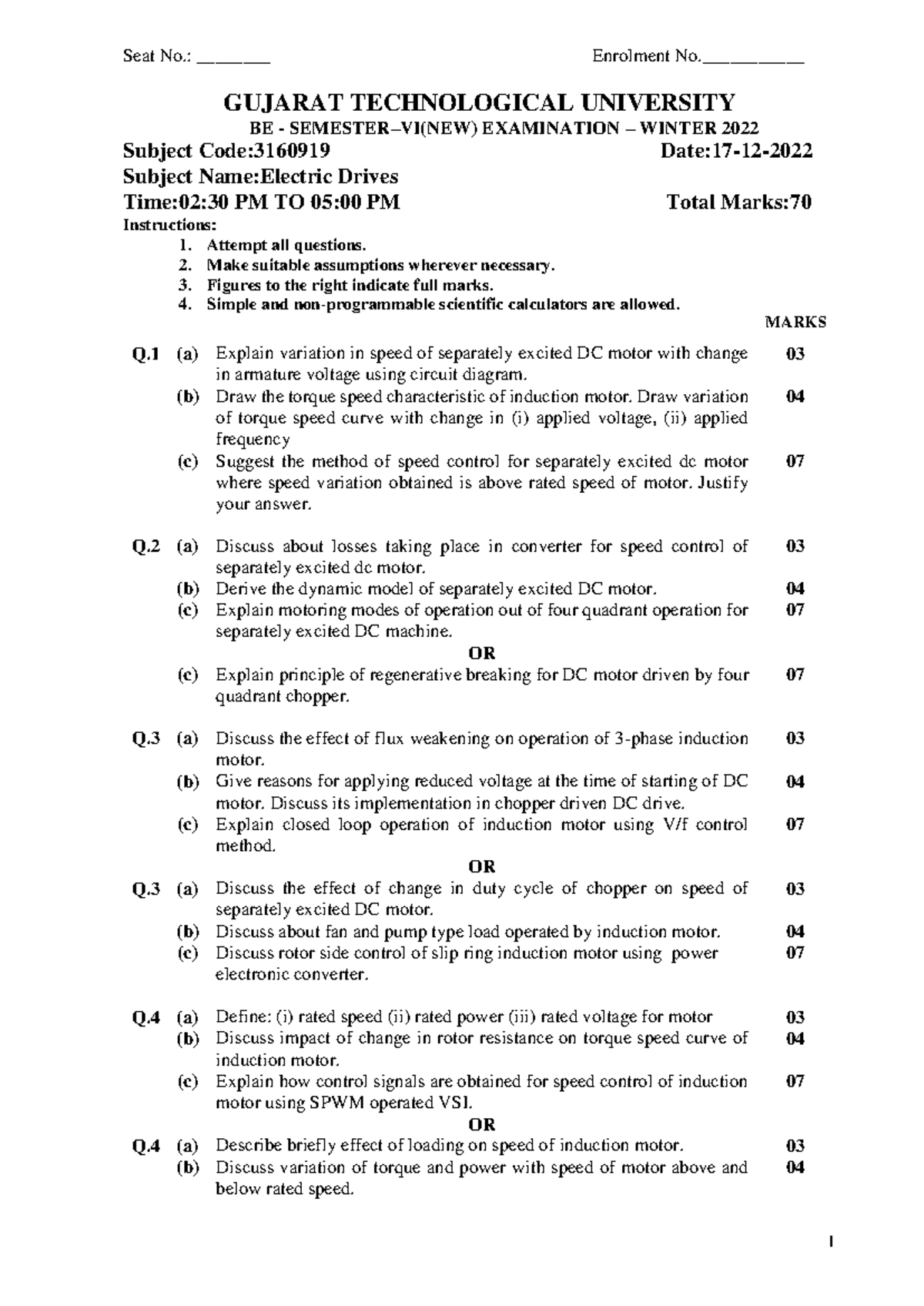 316 09 19 - Gtu previous paper - 1 Seat No.: ________ Enrolment No ...