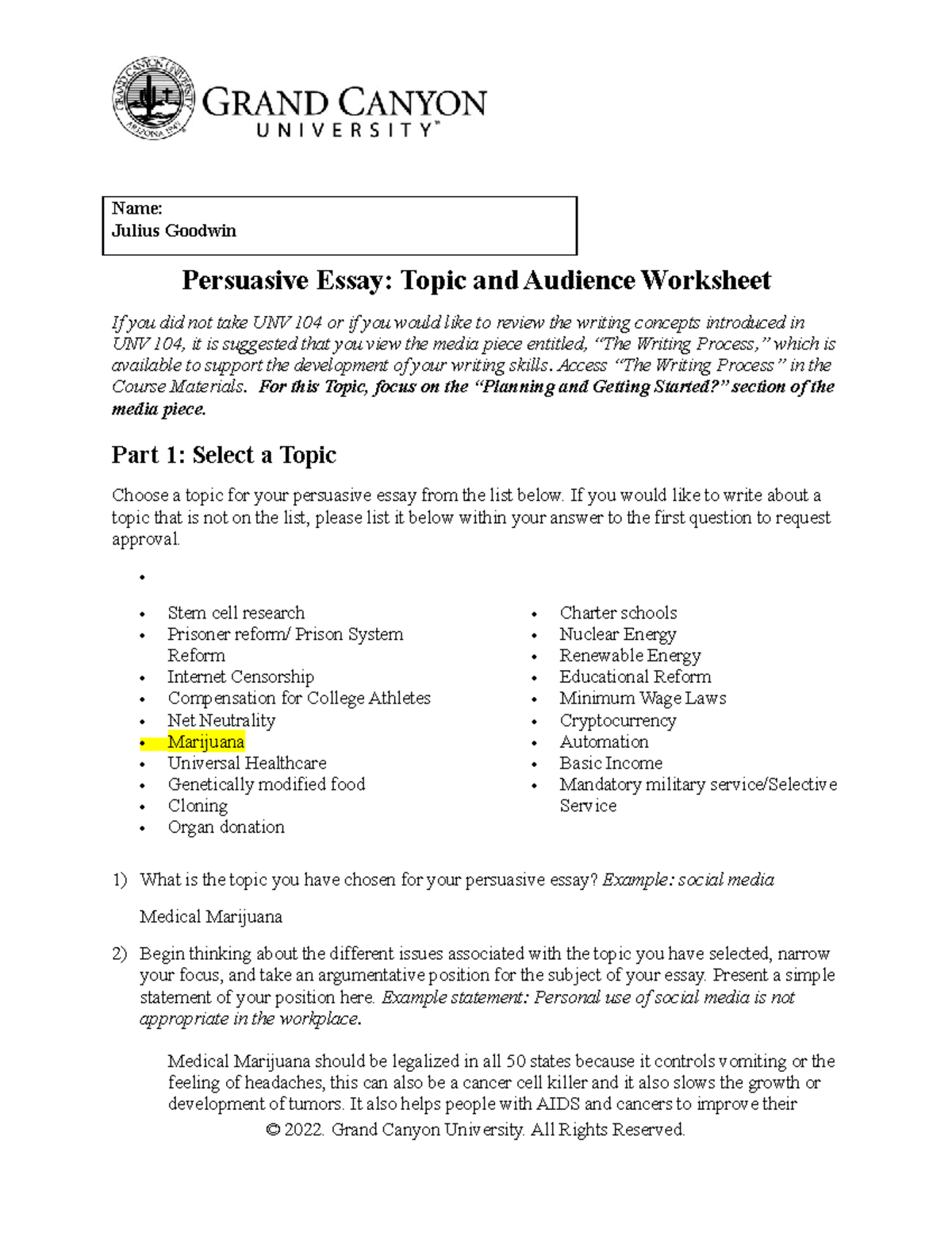 Topicand Audience Worksheet PHI105 Persuasive Essay Planning - UNV 104 ...
