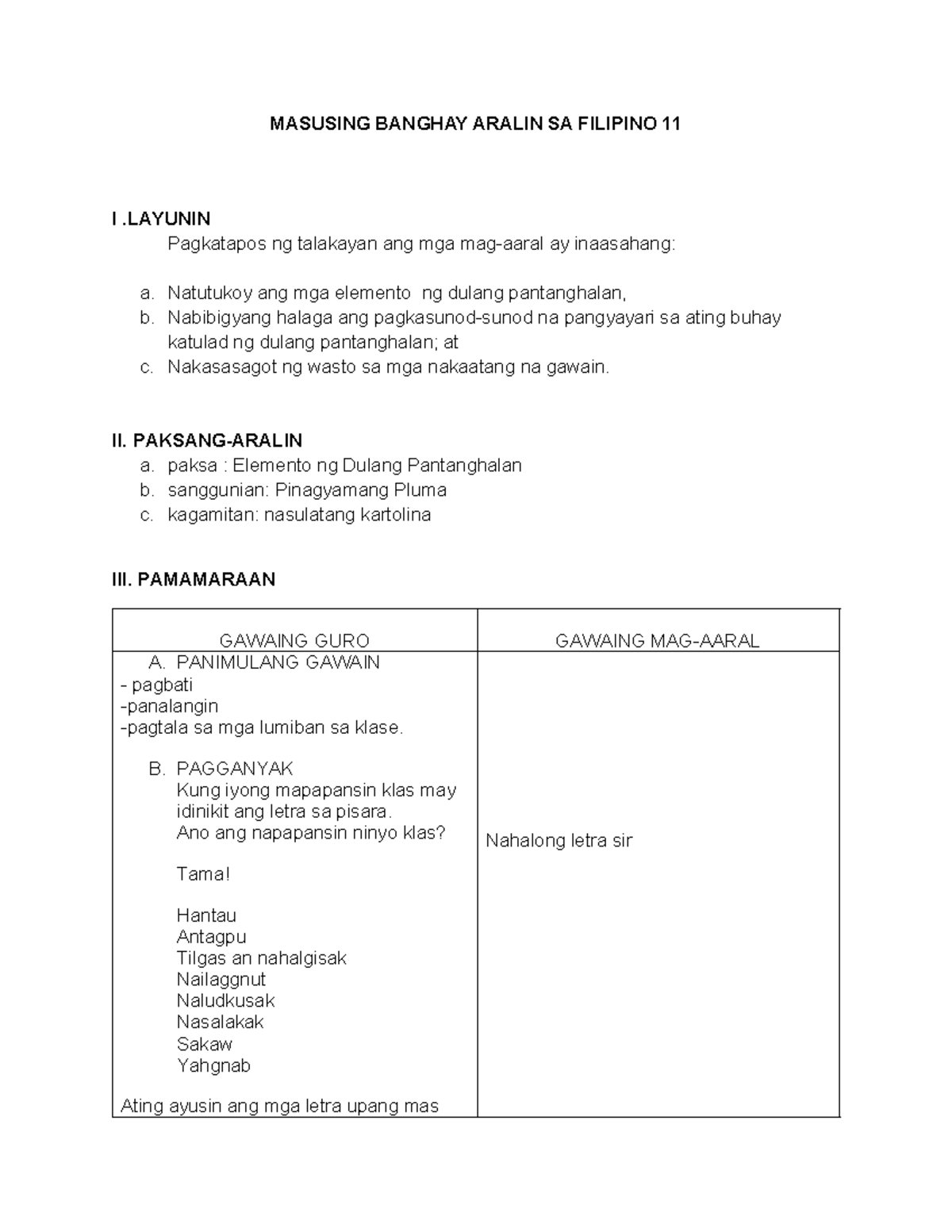 LP dulang pantanghalan - MASUSING BANGHAY ARALIN SA FILIPINO 11 I ...