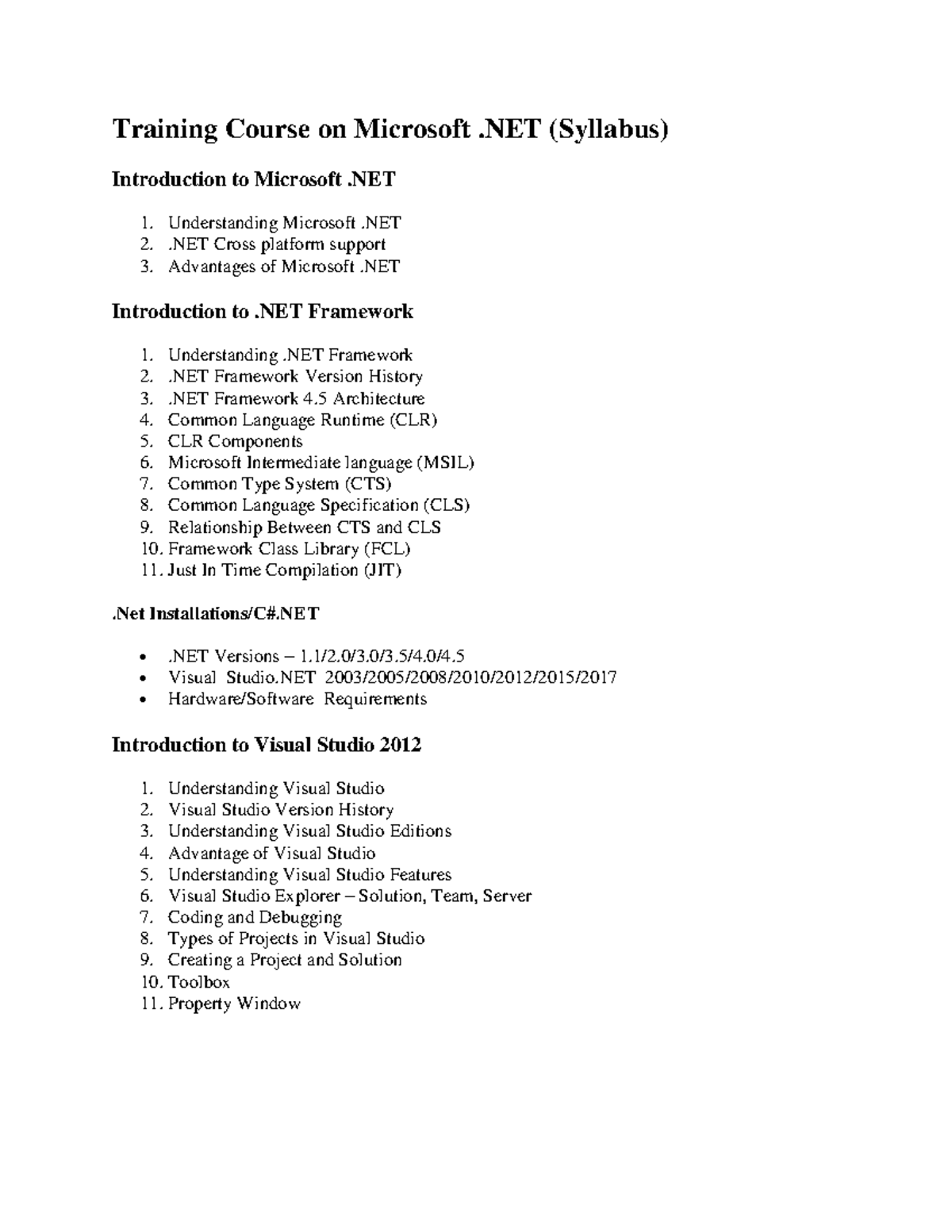 C#.Net Syllabus New Final 1 - Training Course on Microsoft .NET ...
