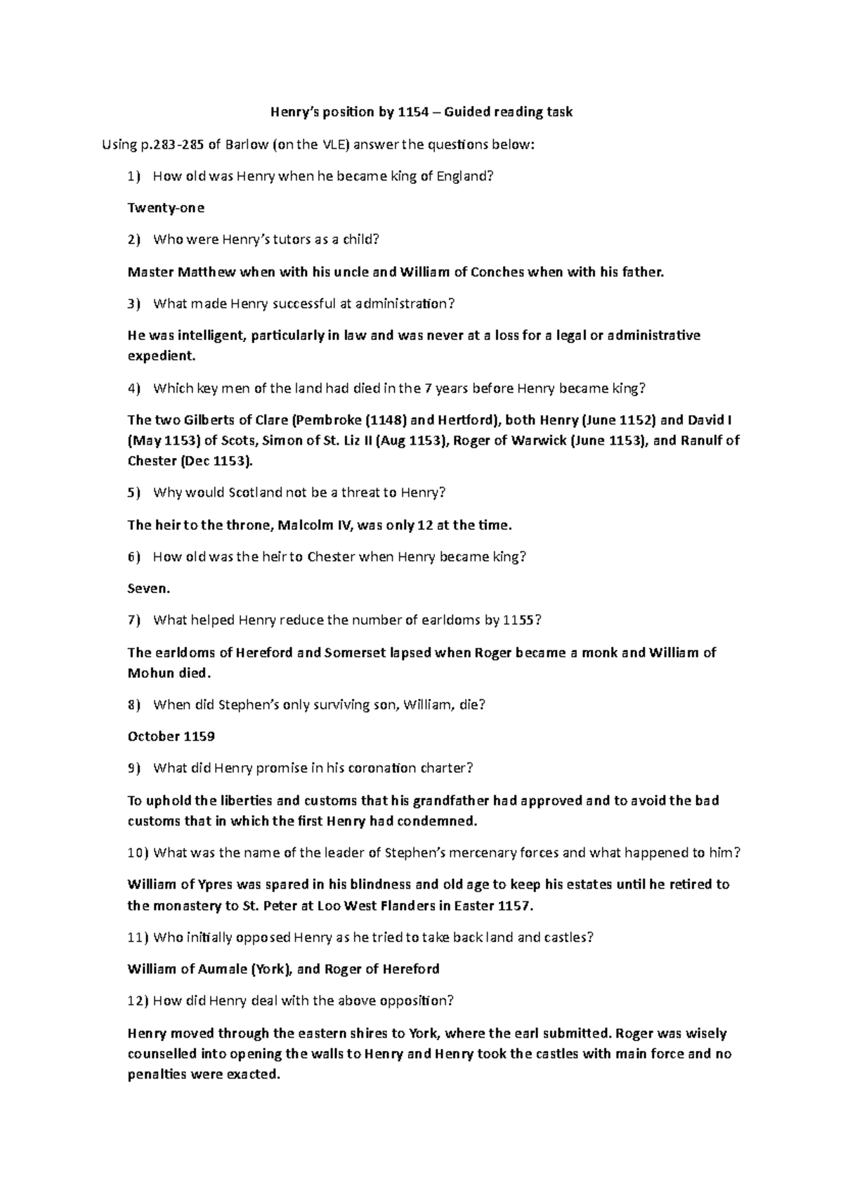 Henry's position in 1154 - guided reading task - Henry’s position by ...