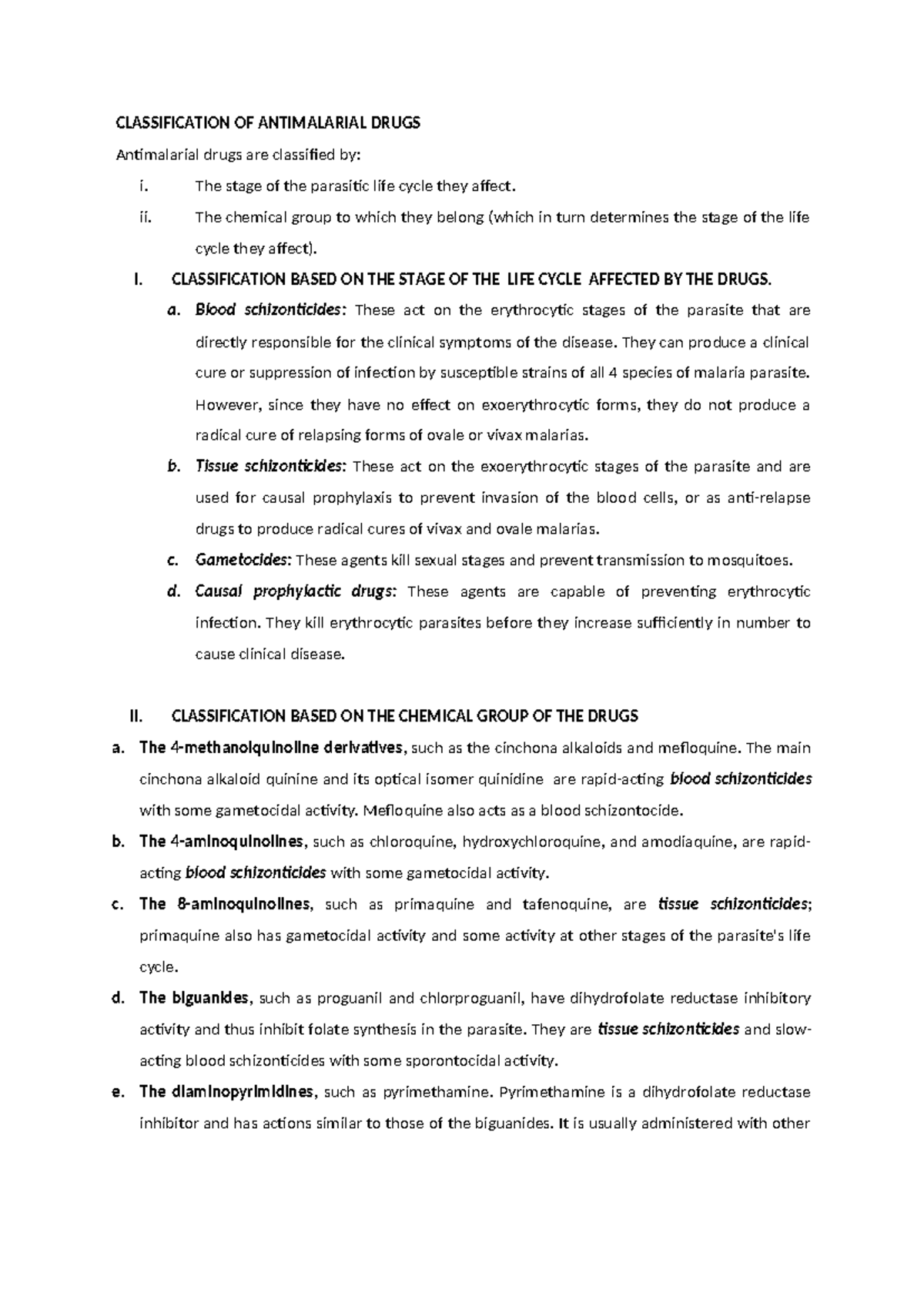 Classification OF Antimalarial Drugs - CLASSIFICATION OF ANTIMALARIAL ...